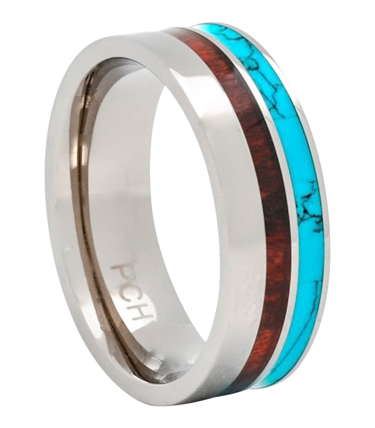 PCH Jewelers Turquoise and Koa Wood Ring set in Titanium High Polish Wedding Bands 8mm Comfort Fit (10)