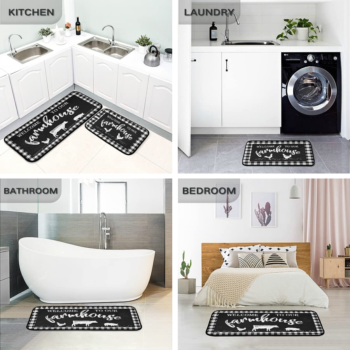 White Plaid Buffalo Farmhouse Rooster Kitchen Rugs and Mats Set 2 Piece Non Slip Washable Runner Rug Set of 2 for Kitchen Sink Floor Home Decor Laundry Welcome