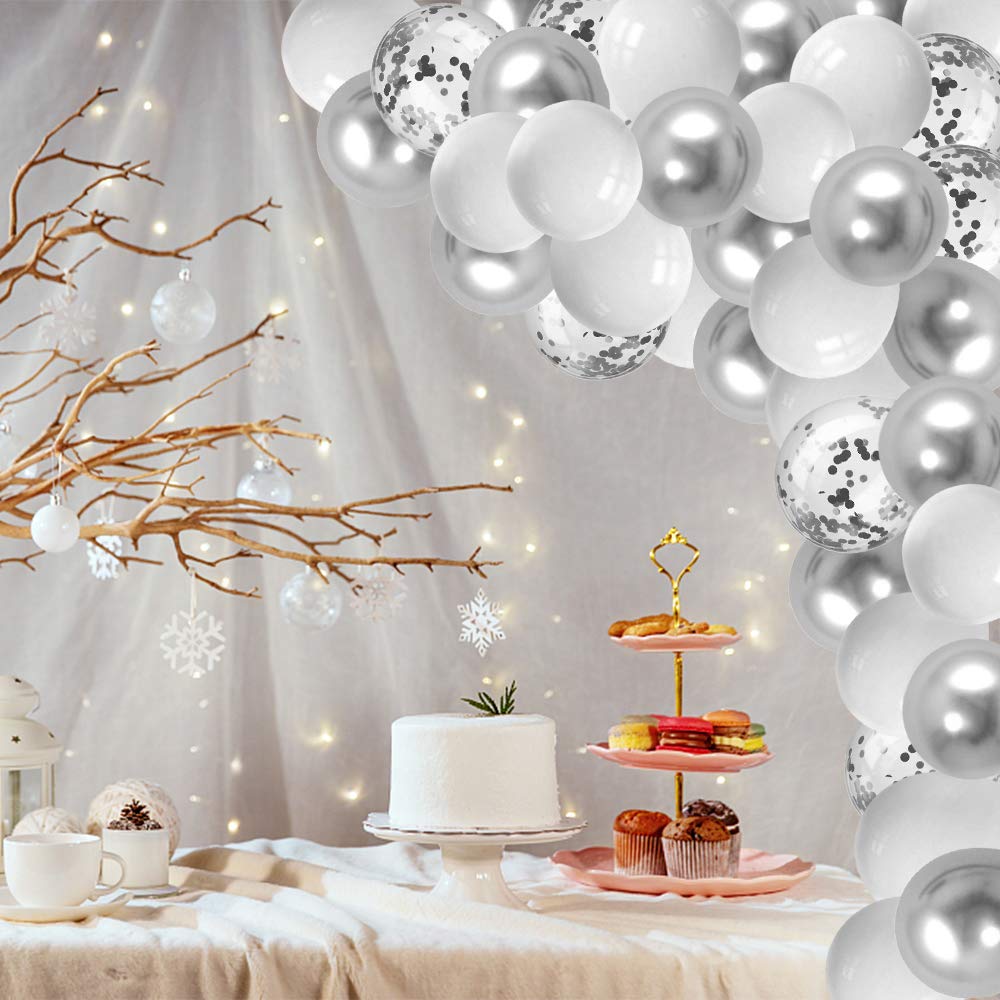 RIIMUHIR White Silver Confetti Party Balloons - 60 Pcs 12inch White Pearl Silver Metallic Chrome Latex Balloon Set with 33Ft Silver...