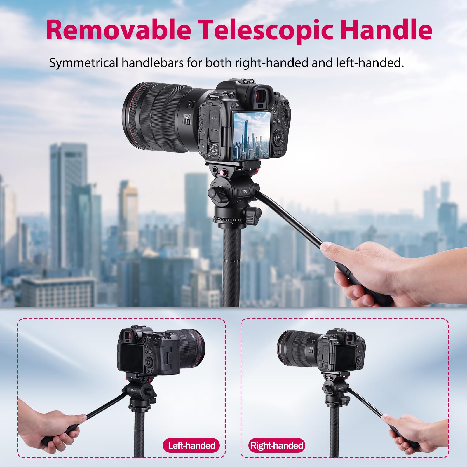ULANZI U210 Tripod Fluid Head, Mini Pan Tilt Head w Handle,Built-in 1/4'' & 3/8'' Adapter, Panoramic Ball Head w Arca Swiss Quick Release Plate Lightweight for Compact Camera Load up to 11.02 lb/5kg