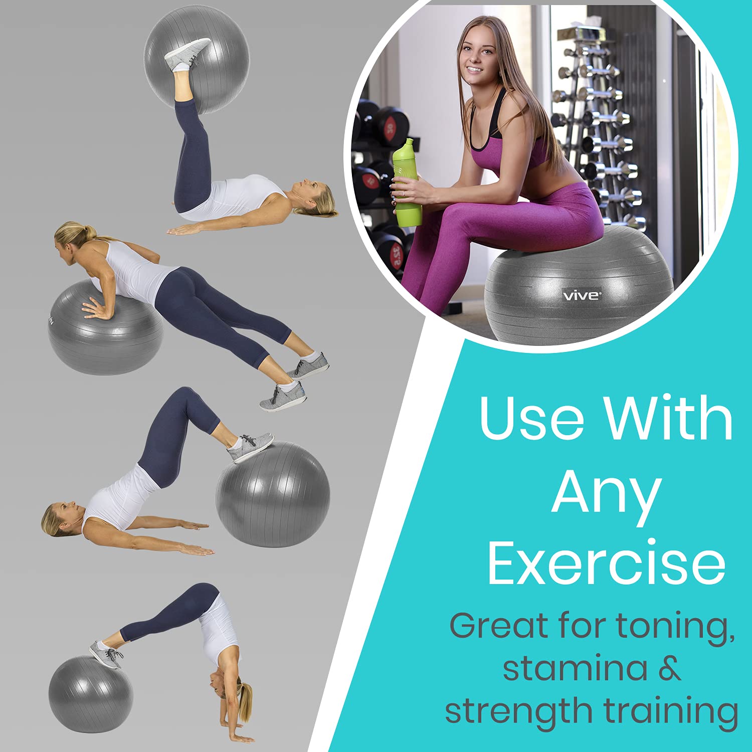 Vive Yoga Exercise Ball - Anti-Burst Composite Material, Multiple Sizes, 60 Day Guarantee