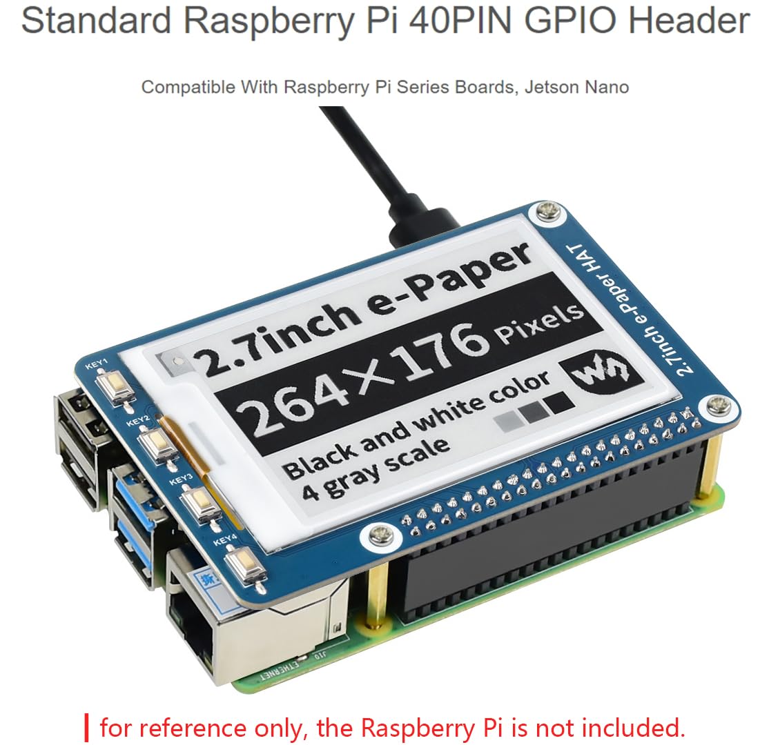 waveshare 2.7inch E-Ink Display HAT,264x176 Pixel Black,White Two-Color 3.3V/5V E-Paper Screen LCD for Raspberry Pi 4B/3B+/3B/2B/Zero/Zero W/Zero WH and Jetson Nano SPI Interface Support Full Refresh