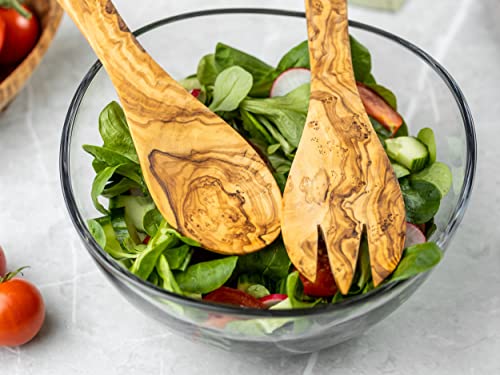 SOLTAKO Handmade Salad Serving Spoons - Olive Wooden Salad Server - Fork - Cooking Spoon - Kitchen Utensil Set - Made of Fancy Olive Wood - Salad Spoon and Fork Set - Kitchen Gadgets - 12"