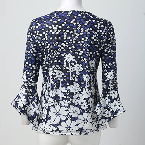 Tshirts Shirts for Women 3/4 Bell Sleeve Button Down Henley Tops Flowy Pleated Casual V Neck Ditsy Floral Blouse