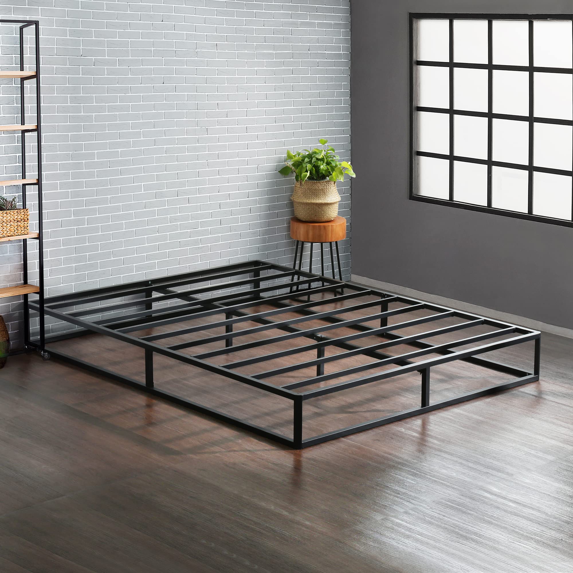 PrimaSleep 9 Inch Modern Metal Bed Frame/Mattress Foundation/Steel Slats/No Box Spring Needed/Sturdy/Queen Size/Black
