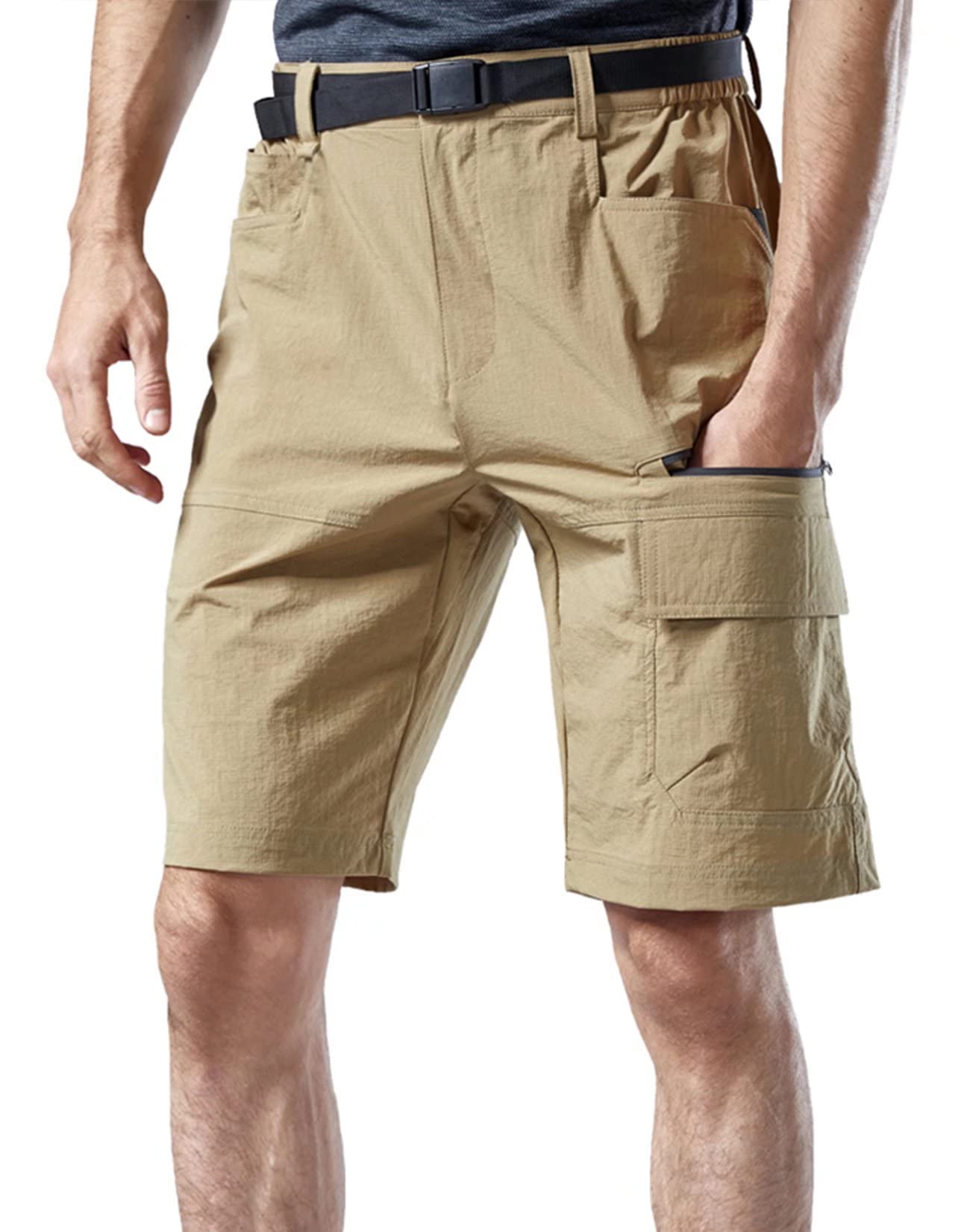 VtuAOL Outdoor Lightweight Cargo Shorts Quick Dry Shorts Zipper Pockets for Men Khaki US 32