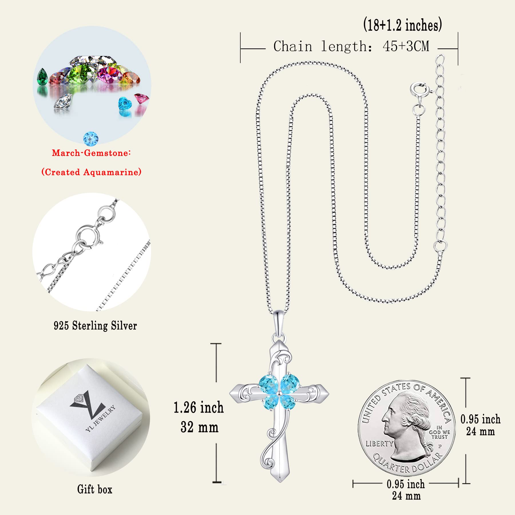 YL Women's Butterfly Cross Necklace Sterling Silver Created Aquamarine Leaves Pendant Crucifix Jewelry for Women