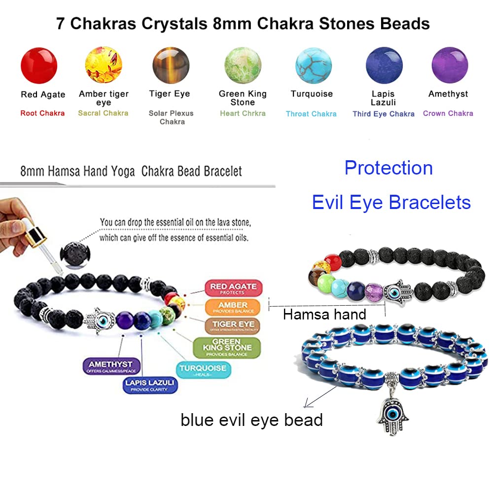 RUIZHEN 2Pcs Evil Eye Hamsa Blue Beaded Charm Stretch Bracelet 7 Chakras Gemstone Lava Stone Hamsa Hand Evil Eye Bracelet (blue bead +7 Chakras)