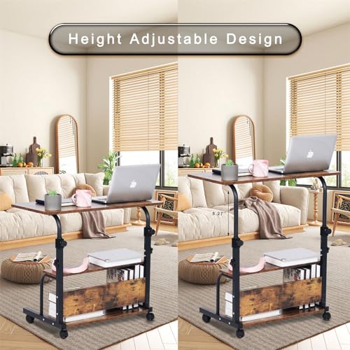 Portable Rolling Desk Adjustable Height Small Standing Desk on Wheels, 32 Inch Computer Desk Laptop Table for Home Office Study Student Desk with Storage Mobile Desk for Couch Bedroom Rustic