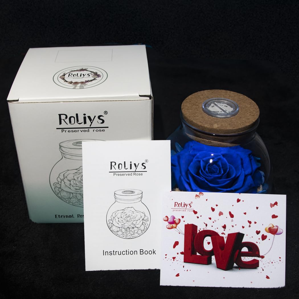 roliys Preserved Real Roses with Colorful Mood Light Wishing Bottle, Eternal Rose,Never Withered Flowers, Table Decor,Christmas Anniversary Valentine's, Blue 4.3inch, 1pcs
