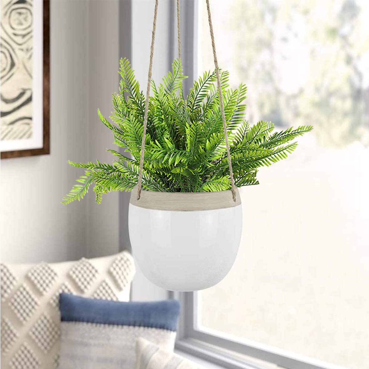 Rinlong 6Pcs Artificial Boston Fern Greenery Fake Plants Outdoor UV Resistant Plants Faux Fern for Outdoors Hanging Planter Decor