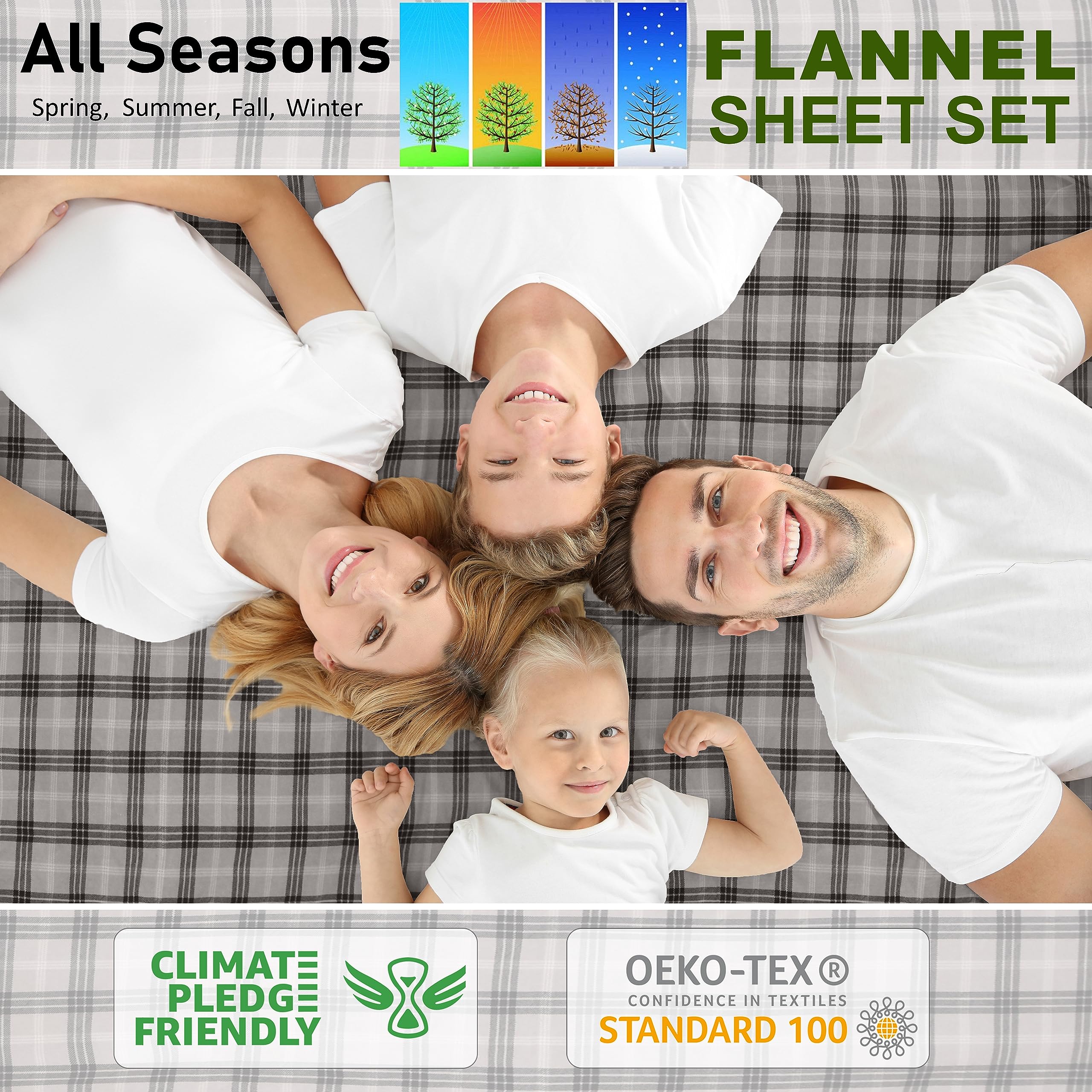 RUVANTI Flannel Sheets Full Size - 100% Cotton Brushed Flannel Bed Sheet Sets - Deep Pockets 16 Inches (fits up to 18") - All Seasons Breathable & Super Soft - Warm & Cozy - 4 Pcs - Dark Grey Plaid