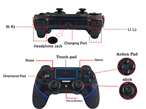 Wintek Inone Controller for PS4, Wireless Controller for PS4 / PS4 Slim / PS4 Pro, USB Controller for PC, Gamepad Joystick with Bluetooth Remote Control, Double Vibration, Audio Function(Black & Blue)
