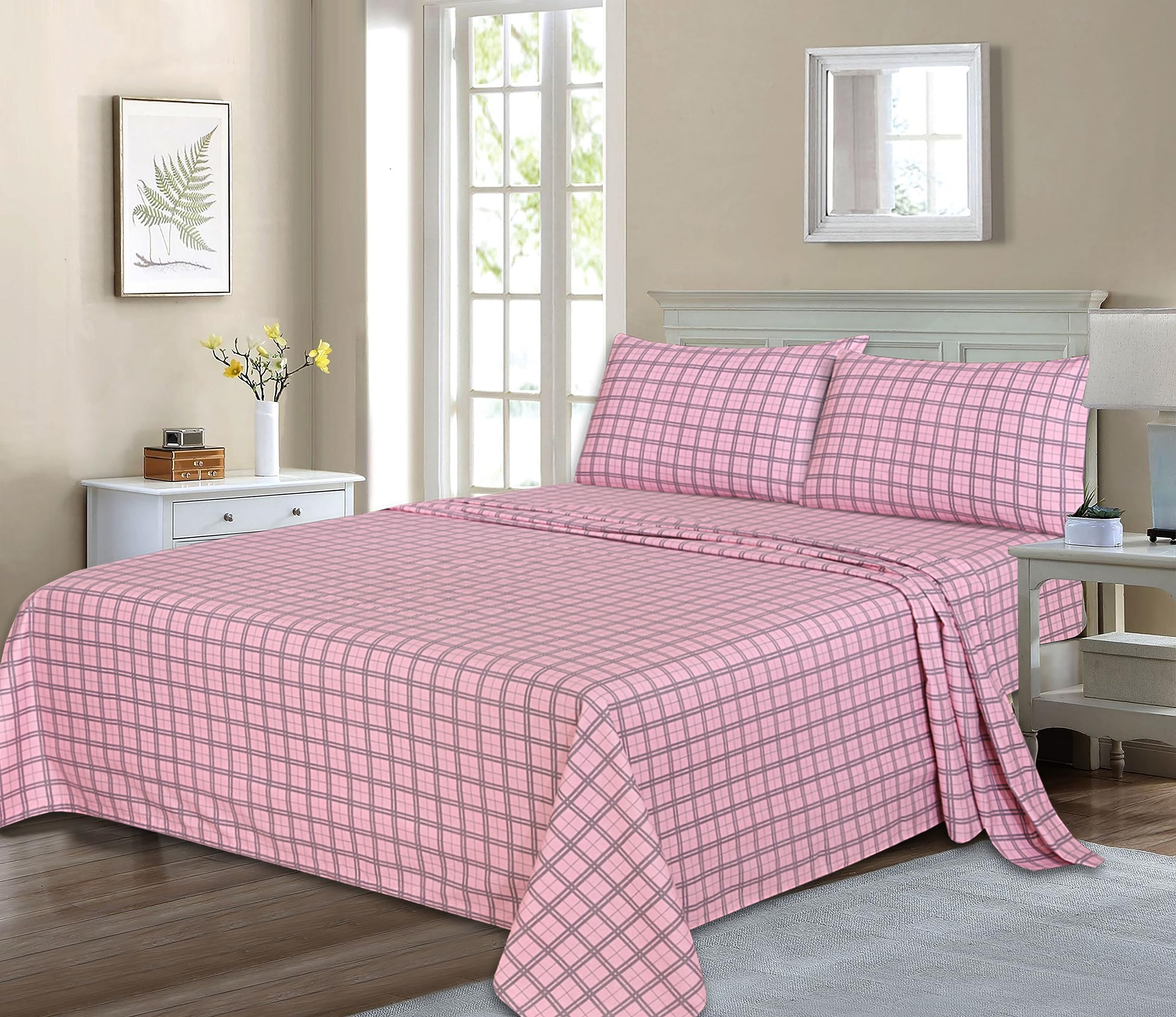 RUVANTI Flannel Sheets Full Size - 100% Cotton Brushed Flannel Bed Sheet Sets - Deep Pockets 16 Inches - All Seasons Breathable & Super Soft - Warm & Cozy - 4 Pcs - Check & Bolt Pink