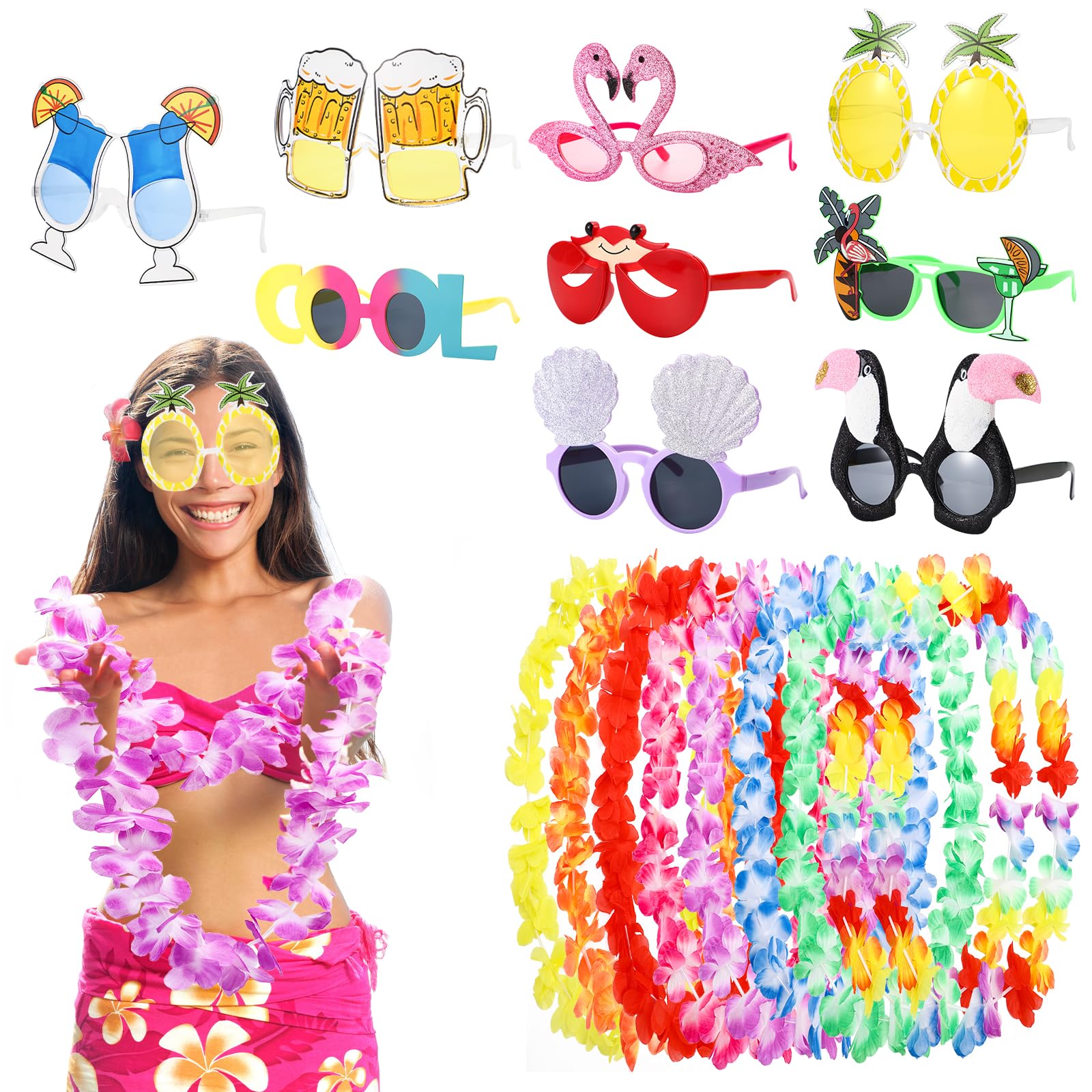SLHOWOW 18pcs Hawaiian Party Decorations, 9 Pairs Funny Hawaiian Glasses and 9pcs Hawaiian Leis Bulk, Fun Summer Party Favors for Beach Wedding Birthday Party Decoration Supplies