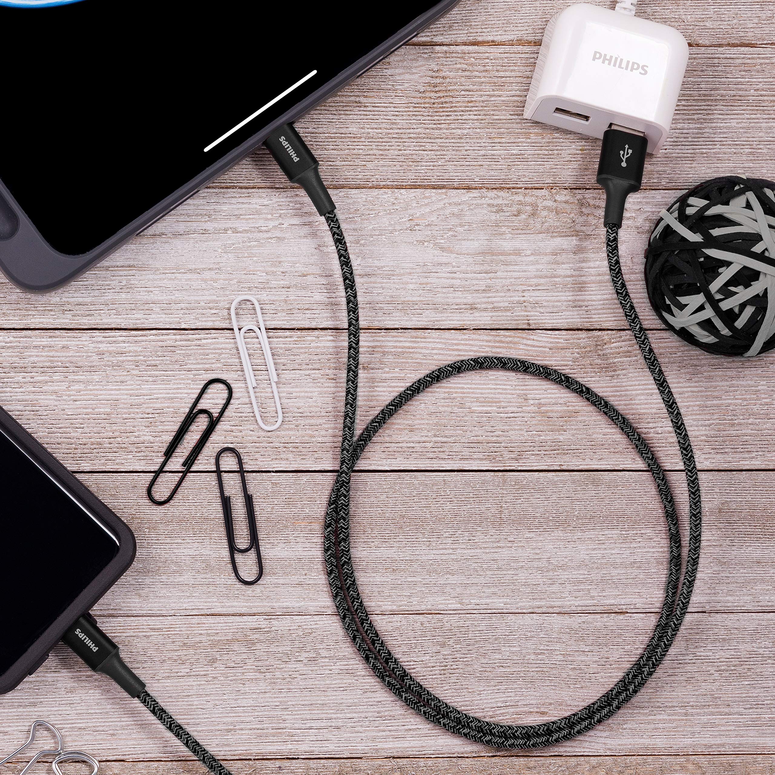 PHILIPS 3 Ft. USB Type C Cable, USB-A to USB-C Black Durable Braided Fast Charging Cable, for iPhone 15/Pro/Max, iPad, MacBook, Samsung Galaxy S23/S22/Ultra, Google Pixel, DLC5203BA/37