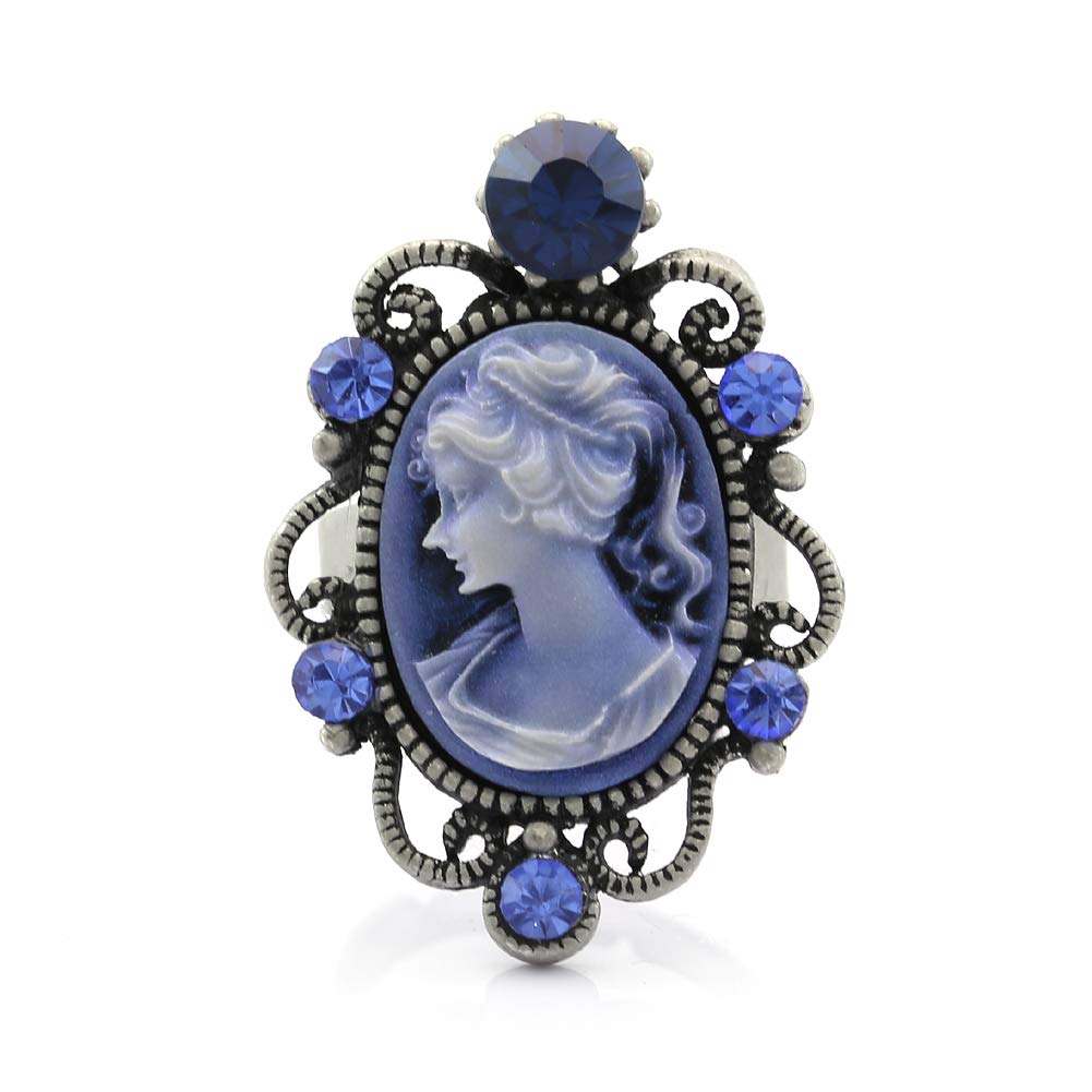 Soulbreezecollection Navy Blue Cameo Ring Adjustable Band Women Fashion Jewelry