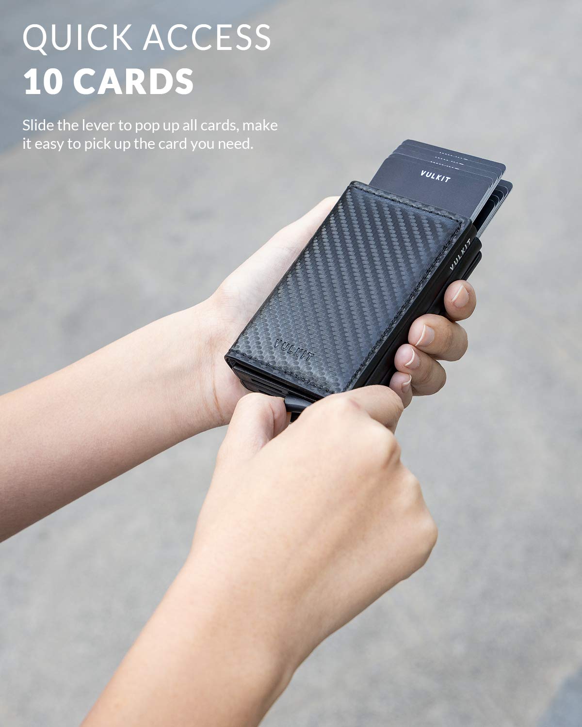 VULKIT Pop Up Wallet Automatic Leather Slim Credit Card Holder RFID Blocking Metal Double Card Case for Men and Women Carbon Fiber Black