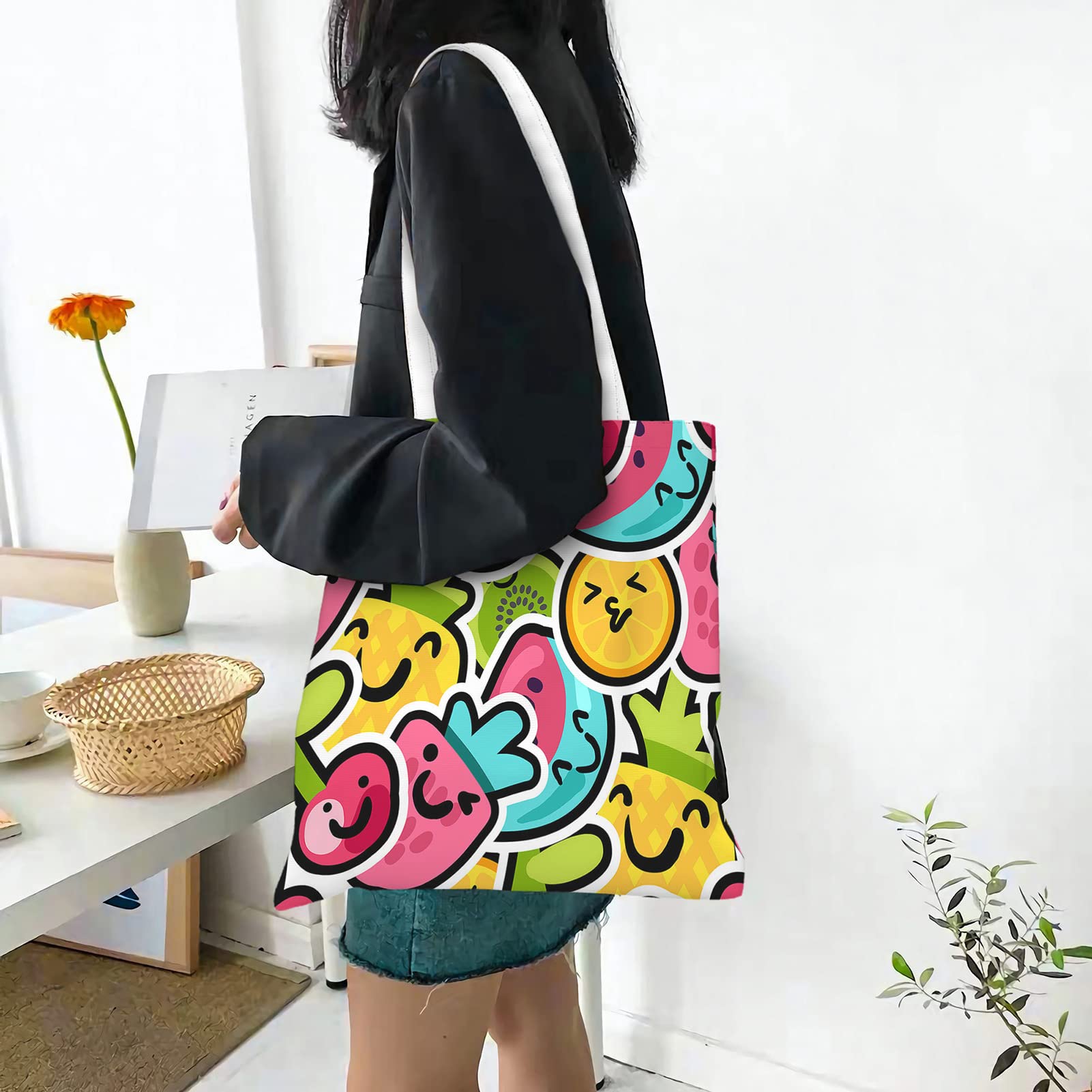 TifyDon Canvas Tote Bag,Berries Fruit Mix Pattern Reusable Large Shopping Shoulder Tote Bag For Women,Lovely Funny Pineapple Orange Watermelon Cherries Kiwi Black Happy Beach Tote Bags Bulk