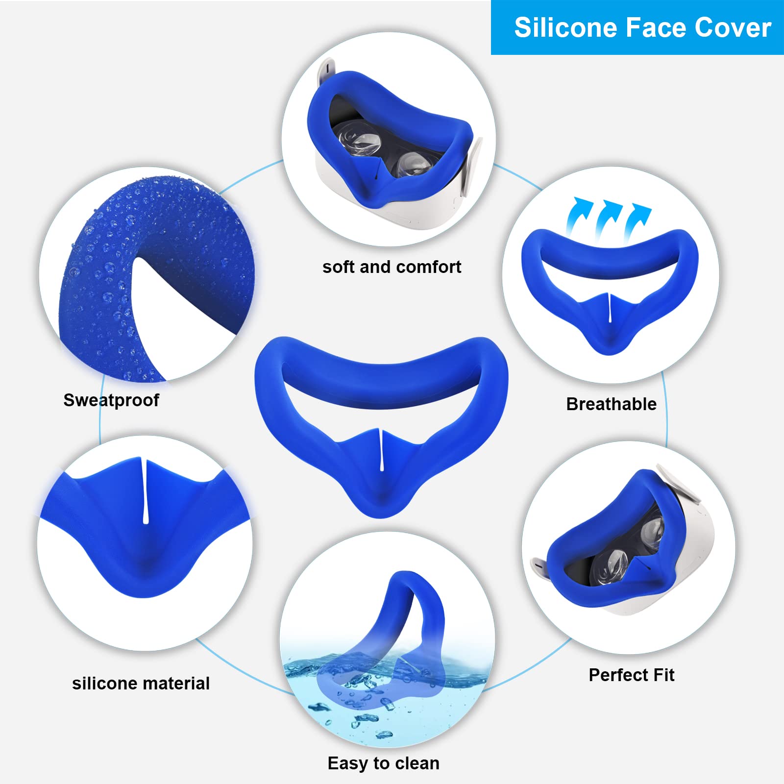Silicone Controller Grip for Oculus Quest 2 Accessories, with VR Headset Lens Cleaning Pen, Thumb Button Cap,Protective Lens Cover, Silicone Face Cover Sweat Guard Anti-Leakage Pad (blue)