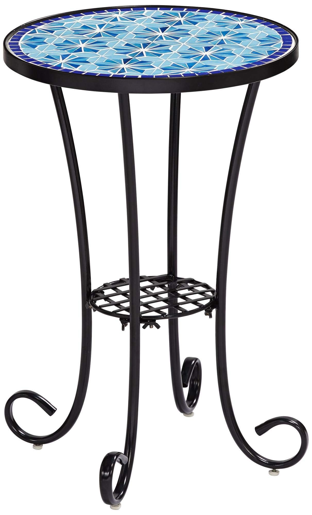 Teal Island Designs Blue Star Modern Black Metal Round Outdoor Accent Side Table 14" Wide with Lower Shelf Mosaic Tabletop Gracefully Curved Legs for Porch Patio Home House Balcony Spaces Deck