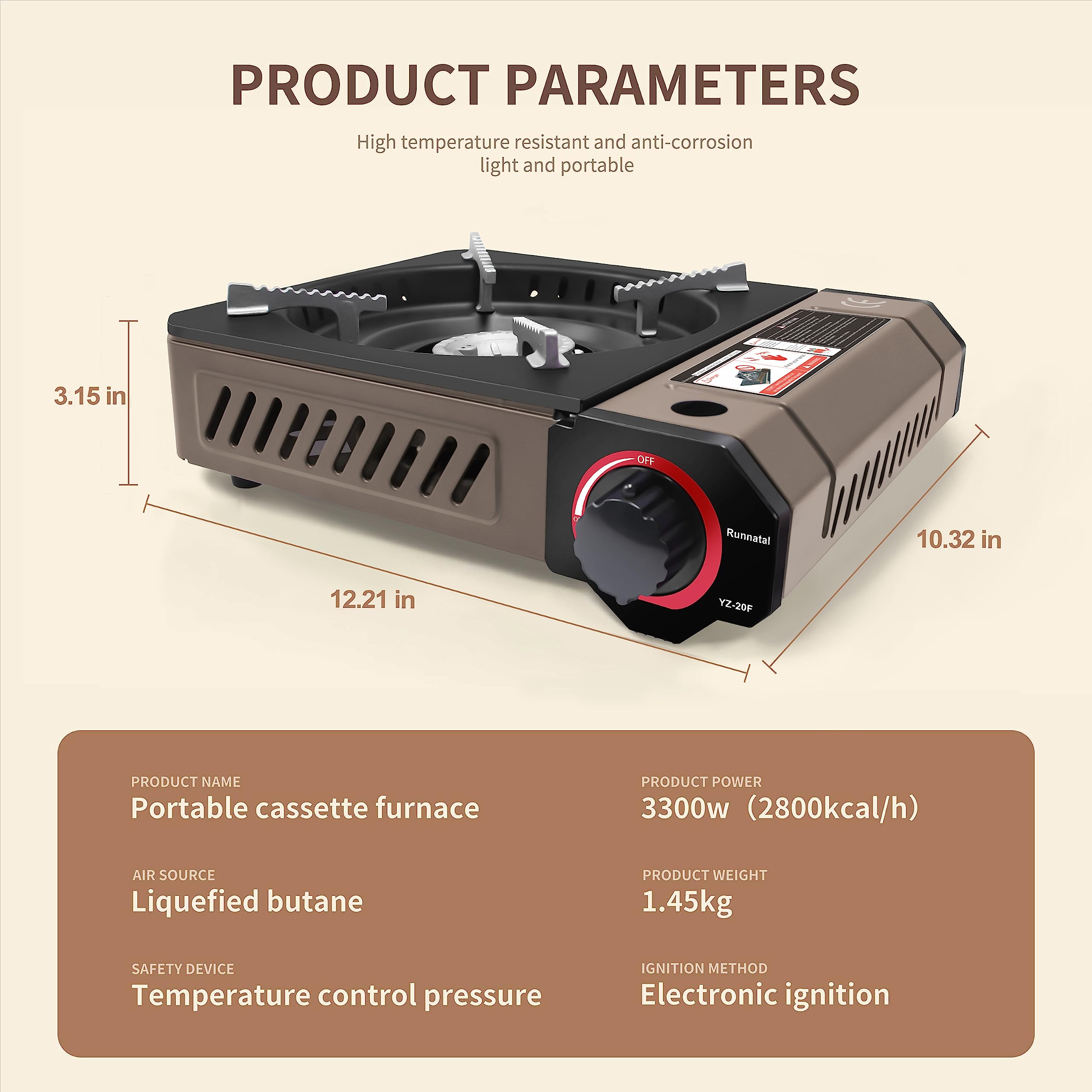 Runnatal Portable Camping Stove, 3300W High Power Butane Stove, Windproof Camping Stove, High Temperature Resistance, Perfect for Camping, Hiking and Emergency