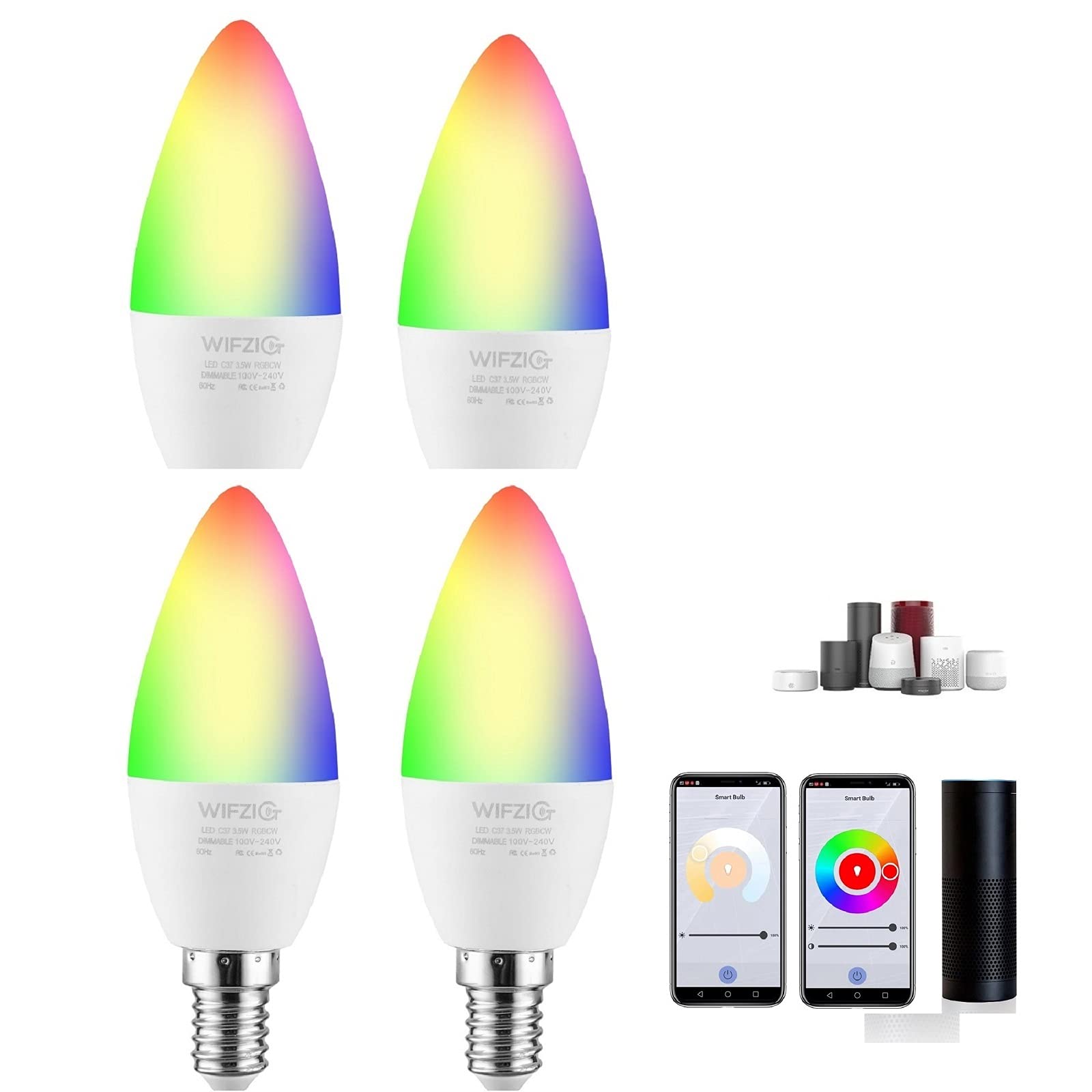 WIFZIG Smart Candelabra Bulb,E12 LED Candle Light Bulbs, 40W Equivalent For Ceiling Fan,Chandelier Bulb Work with Alexa&Google Home, 2700-6500K+RGB,App Control dimmable Candelabra 4W 370 Lumens(4Pack)