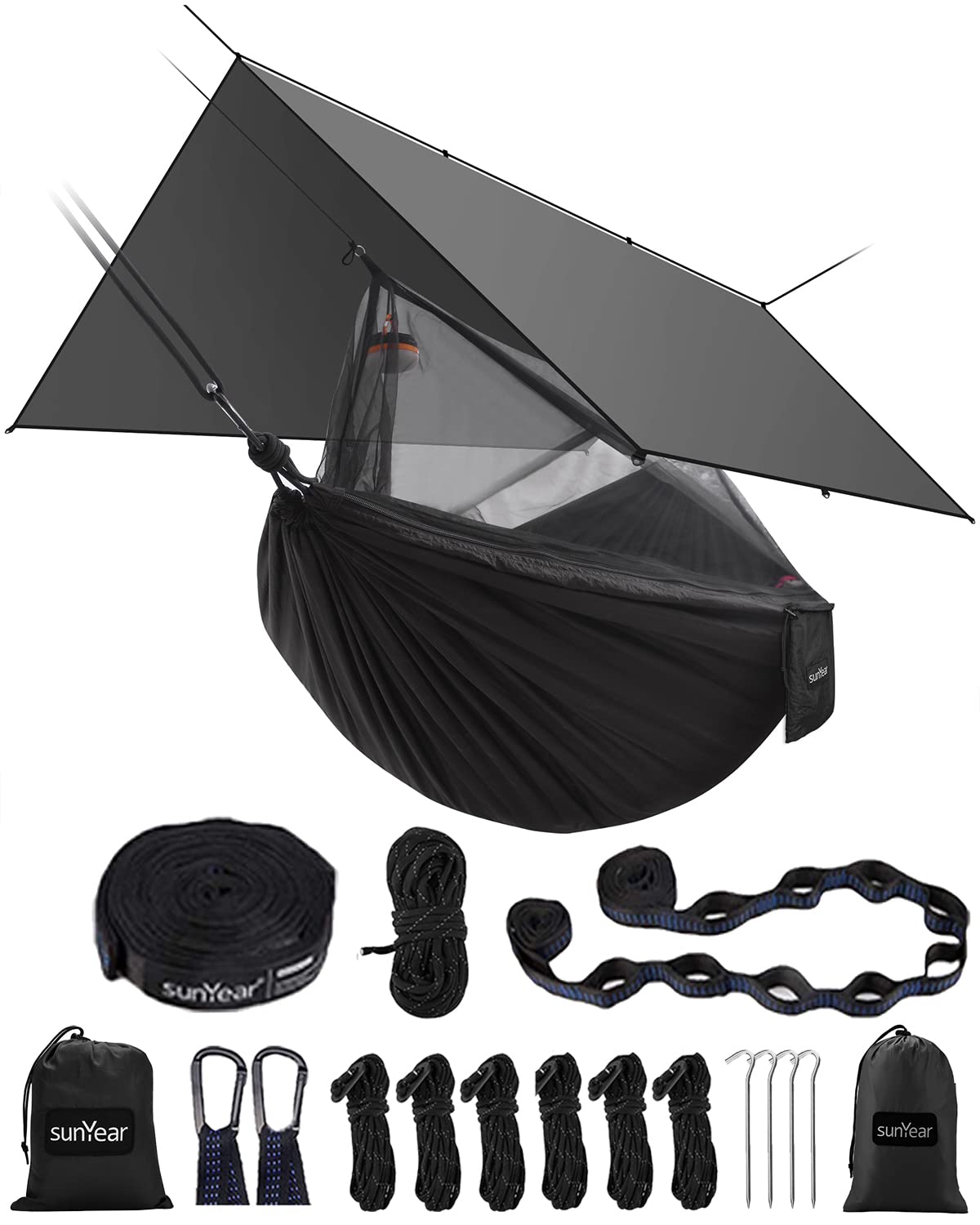Sunyear Hammock Camping with Rain Fly Tarp and Net, Portable Camping Hammock Double Tree Hammock Outdoor Indoor Backpacking Travel & Survival, 2 Tree Straps,100% Waterproof, Black