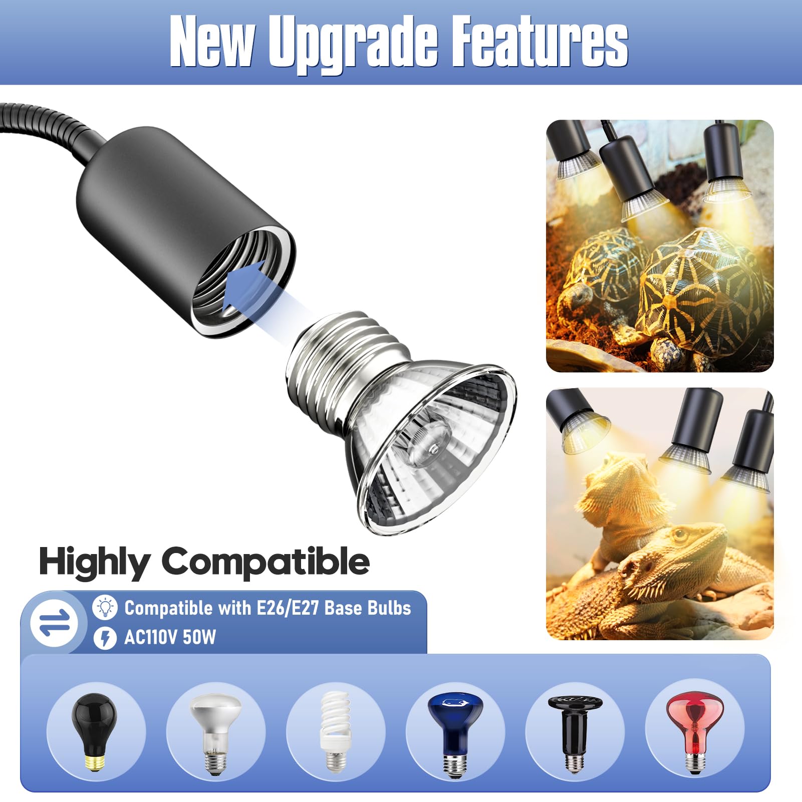 TFNN Reptile Heat Lamp, Three Head Reptile Light with Cycle Timer,UVA UVB light, dimmable Basking lamp for Tortoise, Bearded Dragon, Lizard, Snake, E26/27 Base with 4 Bulbs (50W)-Black