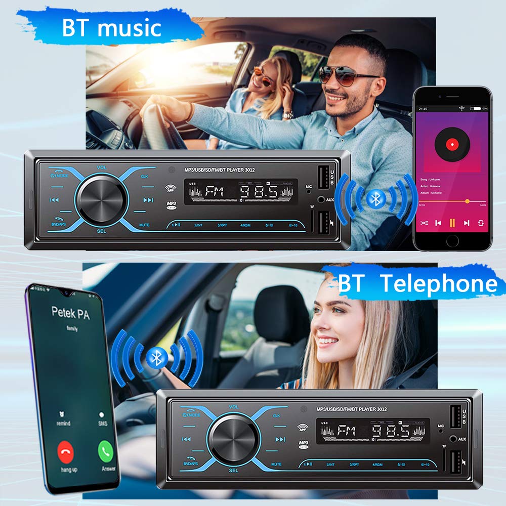 Single Din Car Radio Stereo with Bluetooth 1 DIN in-Dash Car Stereo Support FM Radio App Control, Digital Audio Music Mp3 Player MIC/Dual USB/SD/AUX with Steering Wheel Control