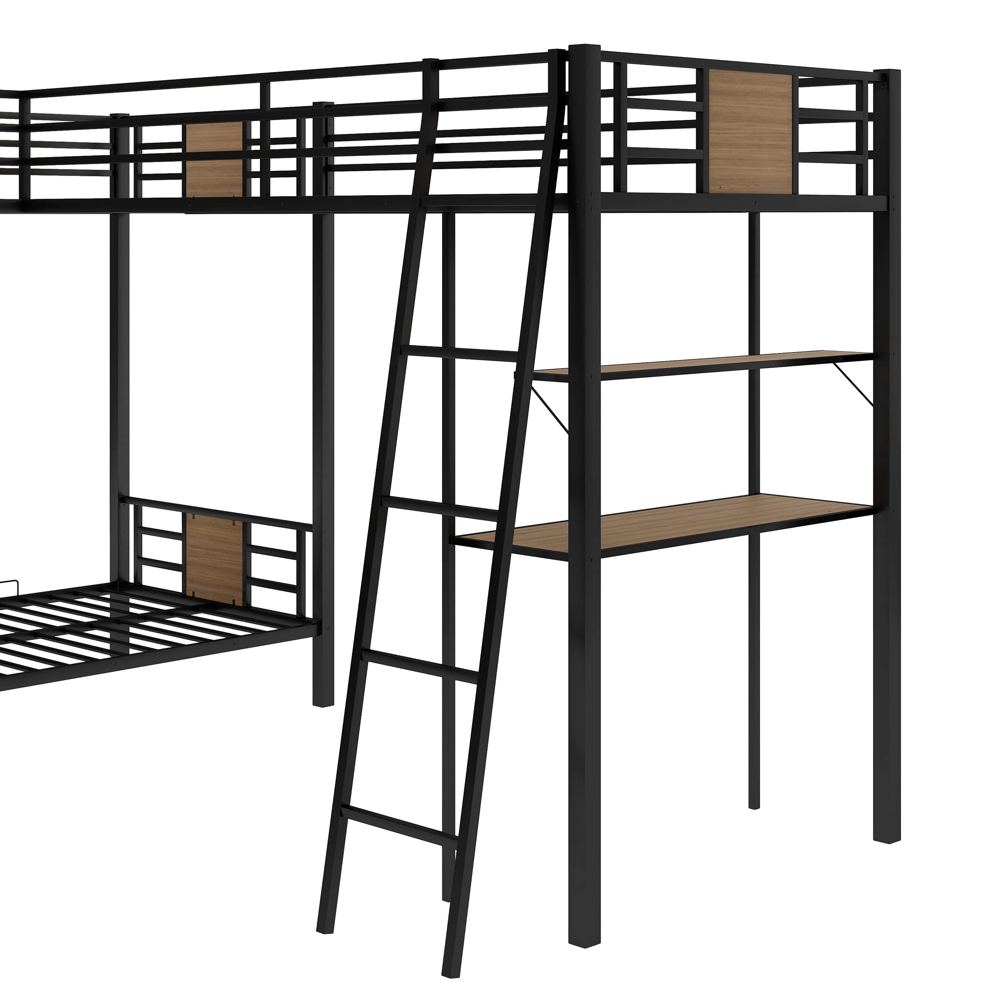 RUNWON Twin-Over-Twin Metal L-Shaped Triple Bunk Bed with a Twin Size Loft Bed and Desk and Shelf for Kids Teens