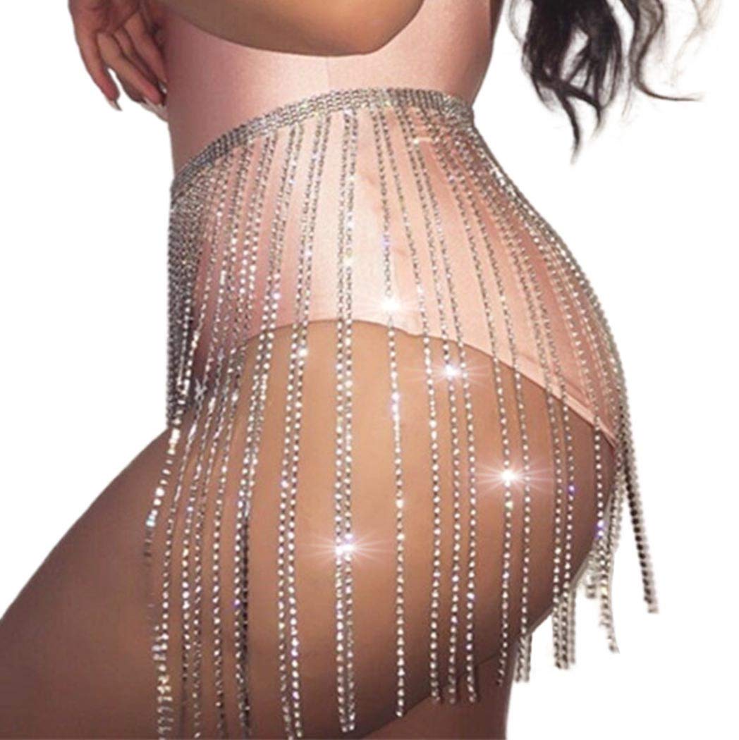 Yokawe Crystal Tassel Body Chains Belly Dance Skirts Rhinestones Bikini Hip Waist Chain Summer Beach Nightclub Accessories for Women (Silver)