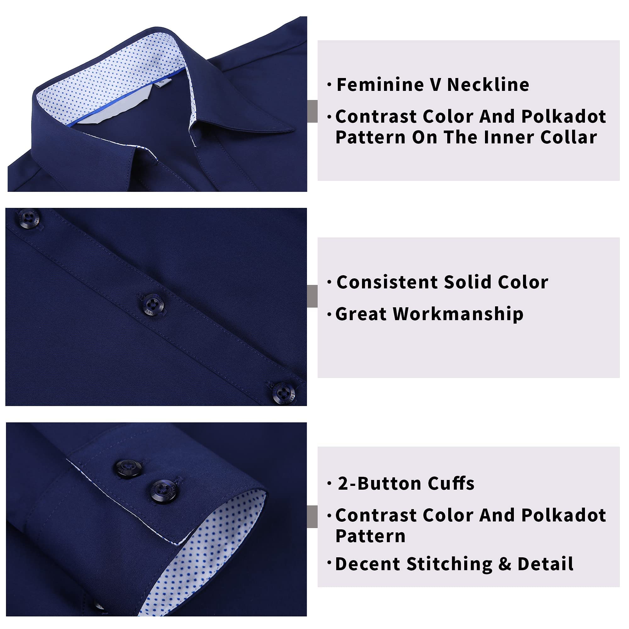 WARHORSEE Womens Button Down Shirt Long Sleeve Work Dress Shirts, V Neck Easy Care Stretchy Business Casual Blouses for Women(Navy,XXL)