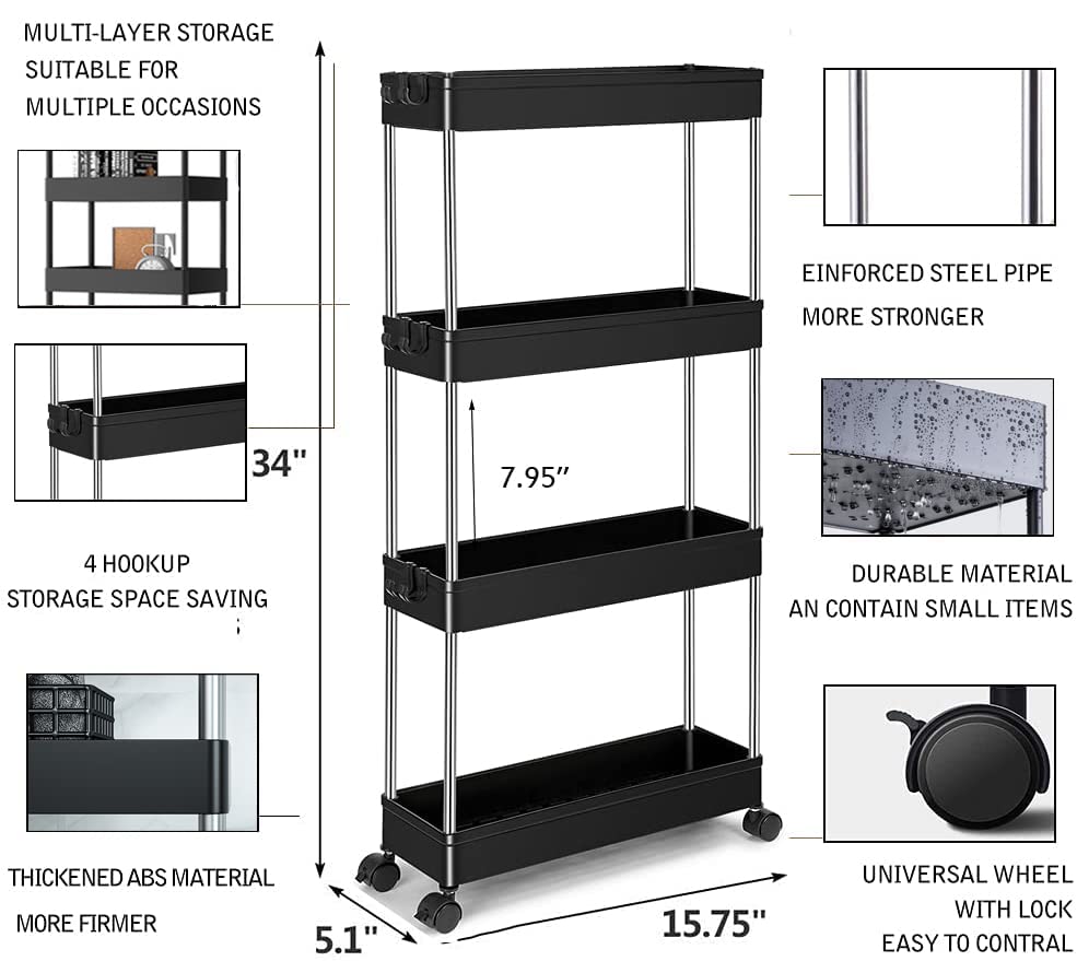 Slim Storage Cart Shelf Removable 4-Tier Rolling Trolley Storage Organizer Carts Rack with 4 Storage Baskets and Wheels for Kitchen Living Room Bathroom Bedroom Narrow Places