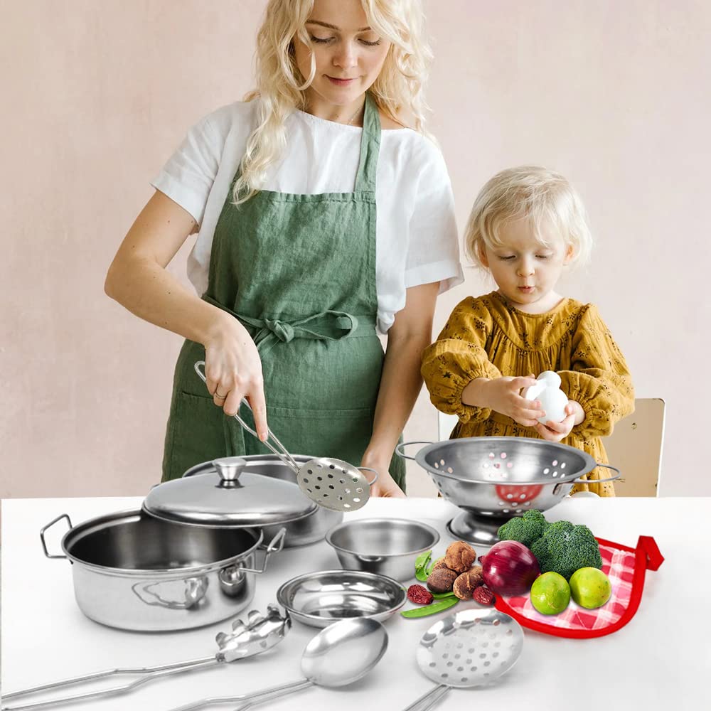 Tiny Size Cooking Pretend Play Kitchen Cooking Toys with Stainless Steel Cookware Play Pots and Pans Set,Cooking Utensils Cookware Kitchen Play Accessories Toys Cooking Pots for Toddlers Kids(Mini)