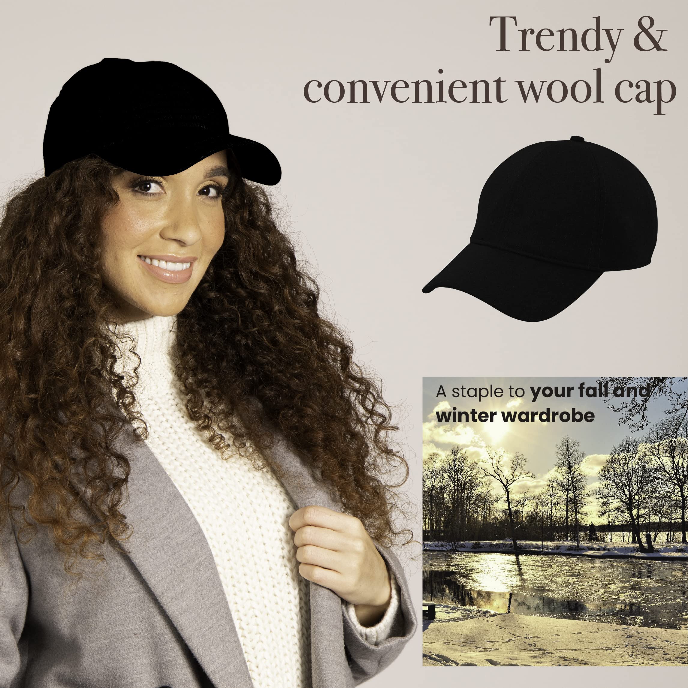 San Diego Hat Company Women's Wool Baseball Hat with Adjustable Back, Black, One Size