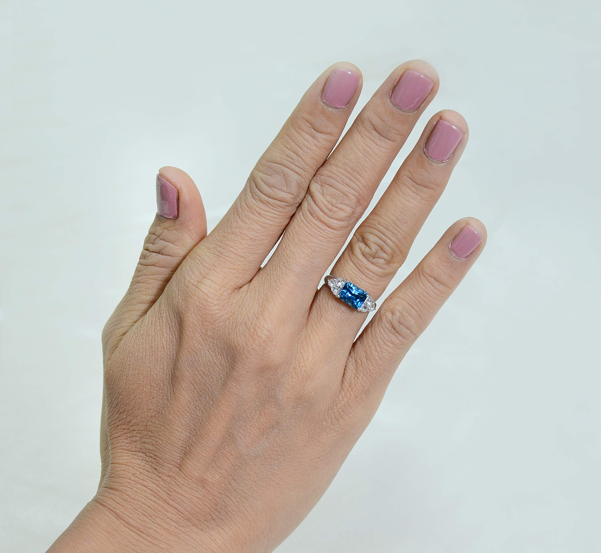 RB Gems 925 Sterling Silver Ring Genuine Gems Emerald-Cut 8x6 mm 2.5 Cts, East-West Setting, Rhodium-Plated Finish (London Blue Topaz, 8)