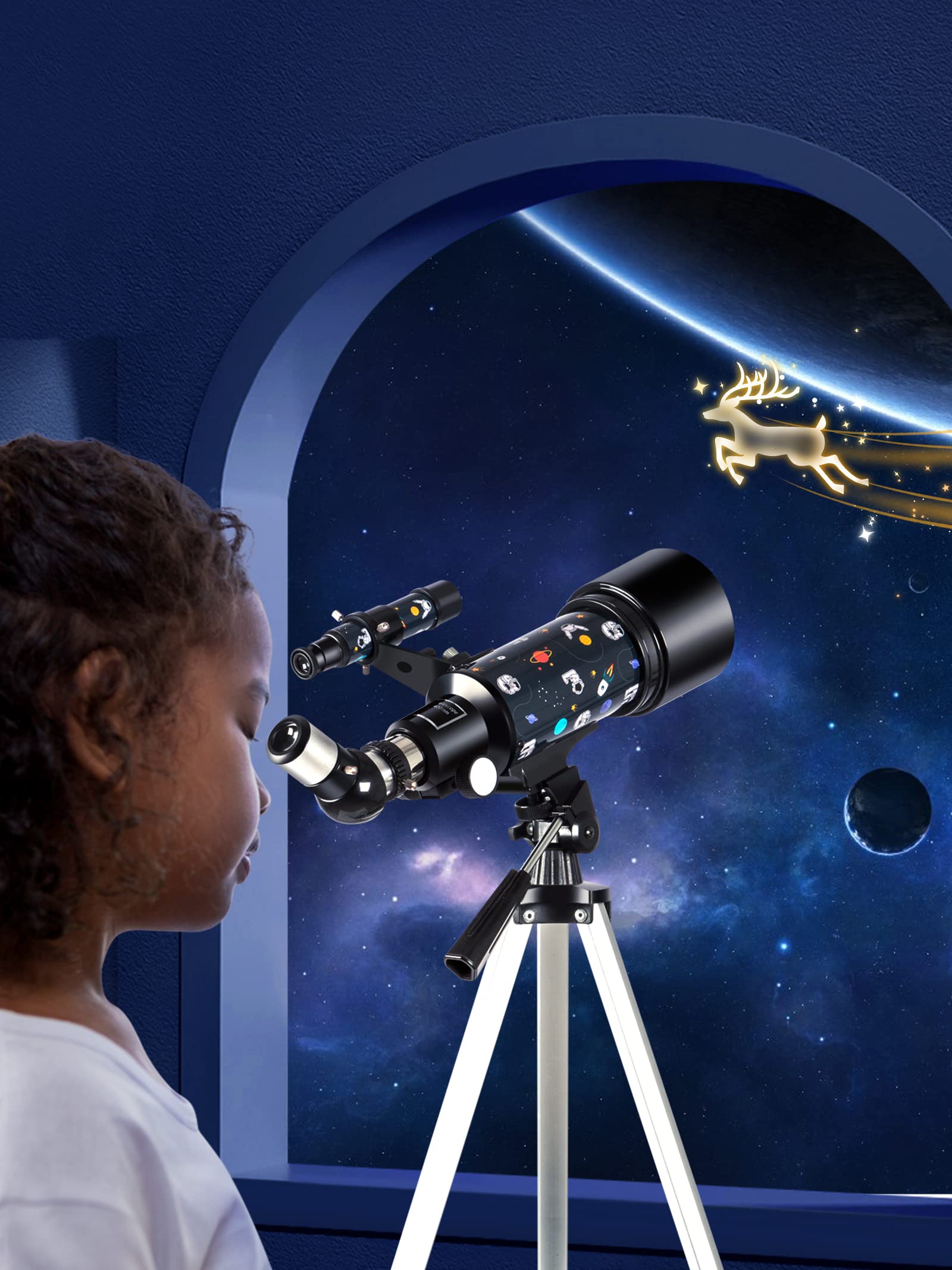 Telescope for Kids Adults Astronomy Beginners over 8 Years Old, 70mm Aperture Astronomical Refractor Telescopes with Phone Adapter & Wireless Remote, Astronomy Space for Christmas Birthday