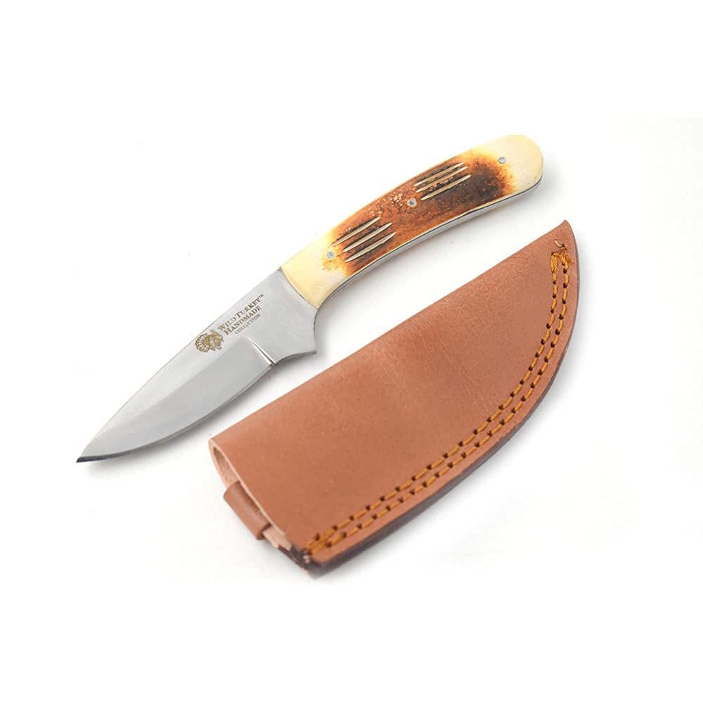 Wild Turkey Handmade Collection Heavy Duty Hunting Knife | Stainless Steel Blade | Genuine Leather Sheath Included (Burn Bone)