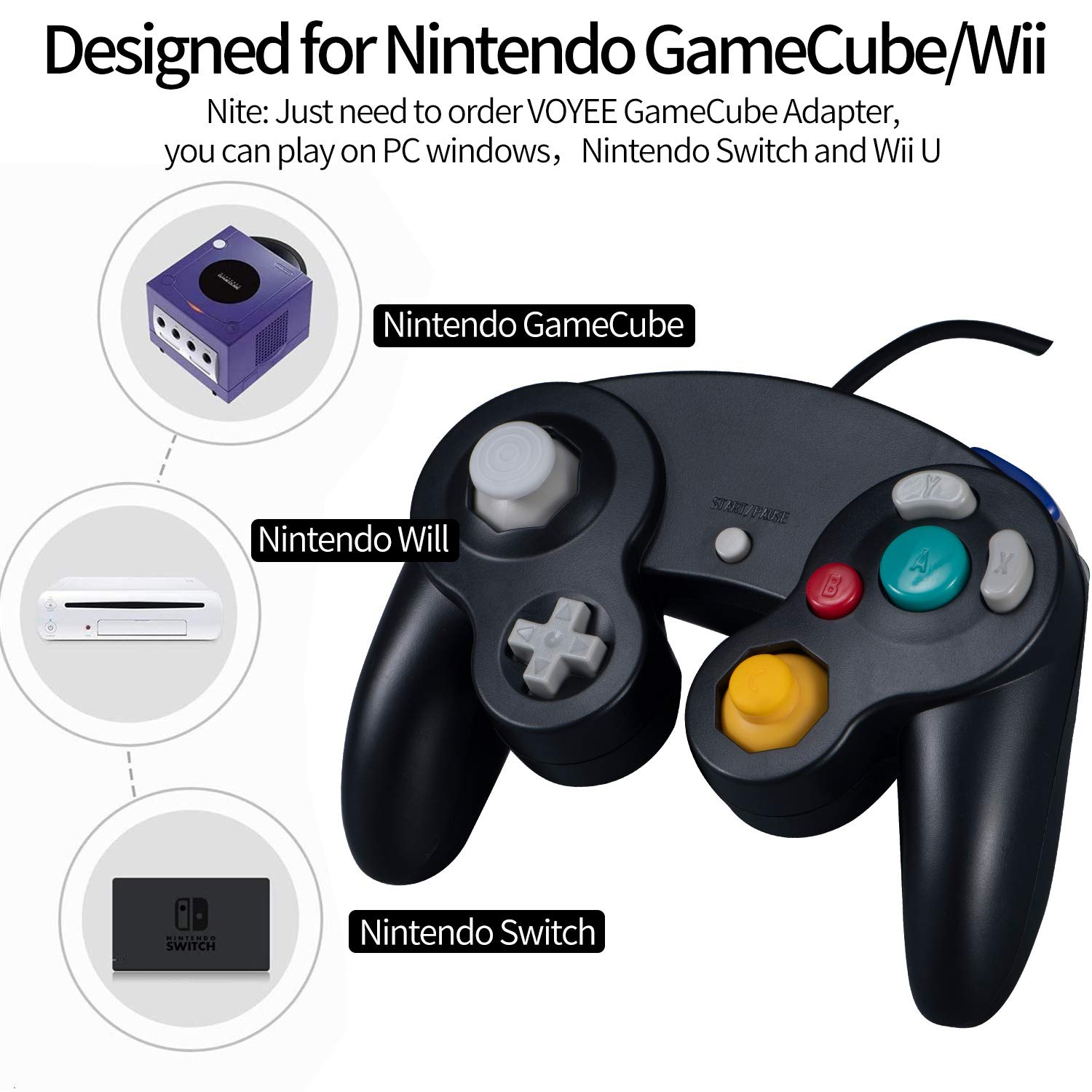 SogYupk 2 Pack Controller Replacement for Gamecube Controller,Wired Controllers Classic Gamepad compatible with Nintendo and Wii Console Game Remote(Black 2 pcs)