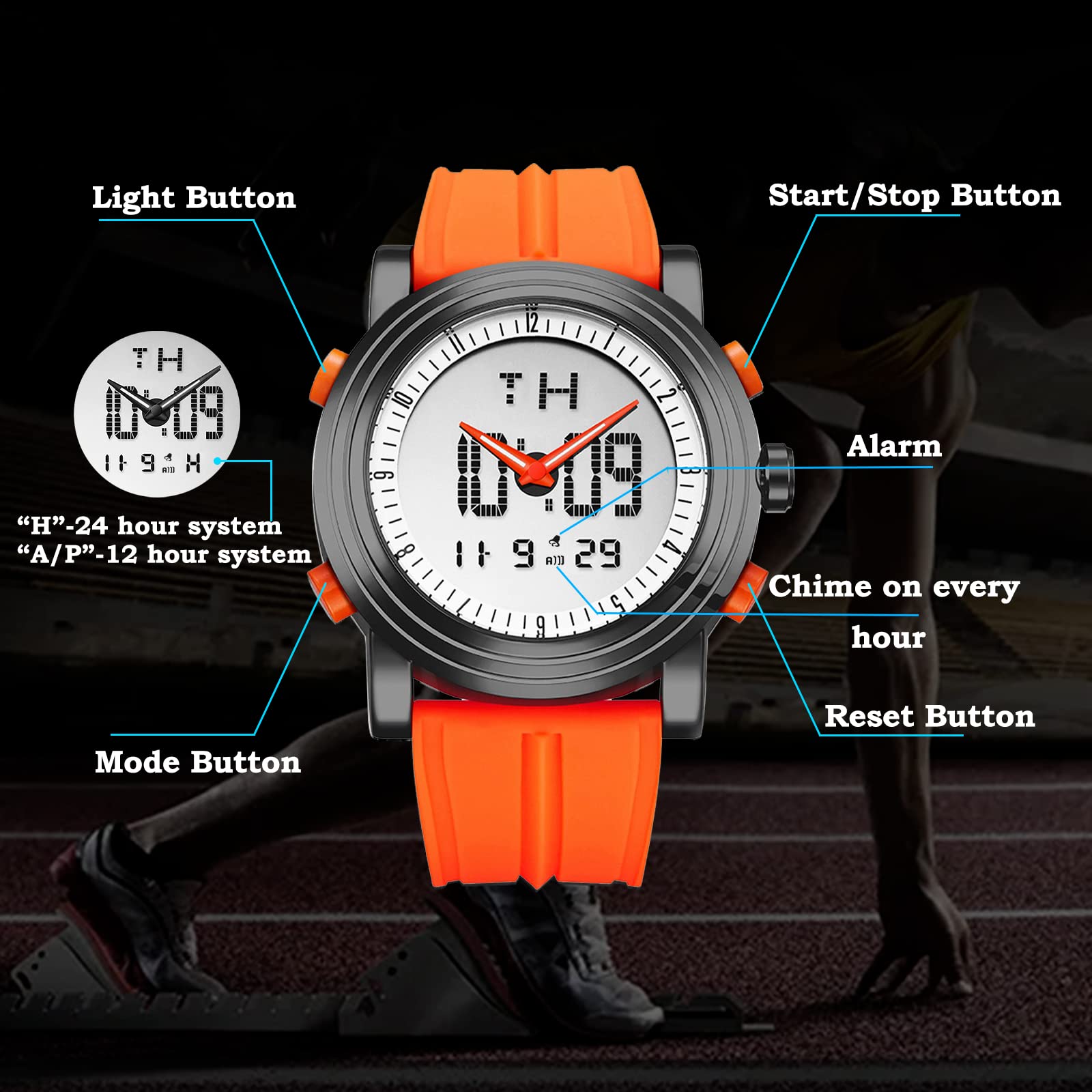 SINOBI Digital Watch Big Case Men Women Sport Watches Luminous Dual Time Display Hour Orange Rubber Strap