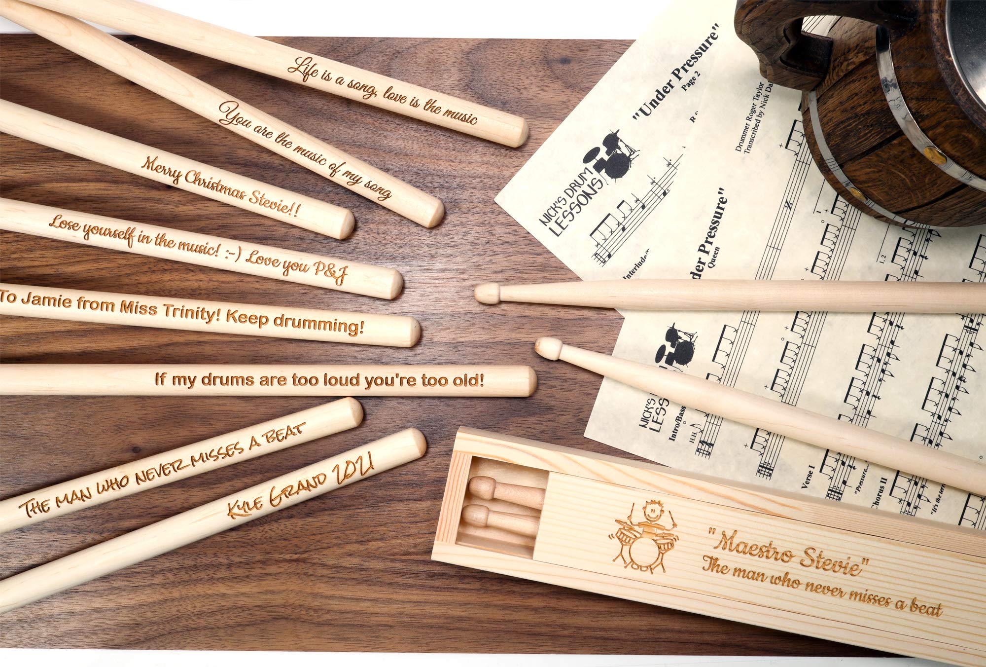 Personalized Custom Drum Sticks + Optional Gift Box - 5A Size | Design A Truly Unique Present | Laser Engraved