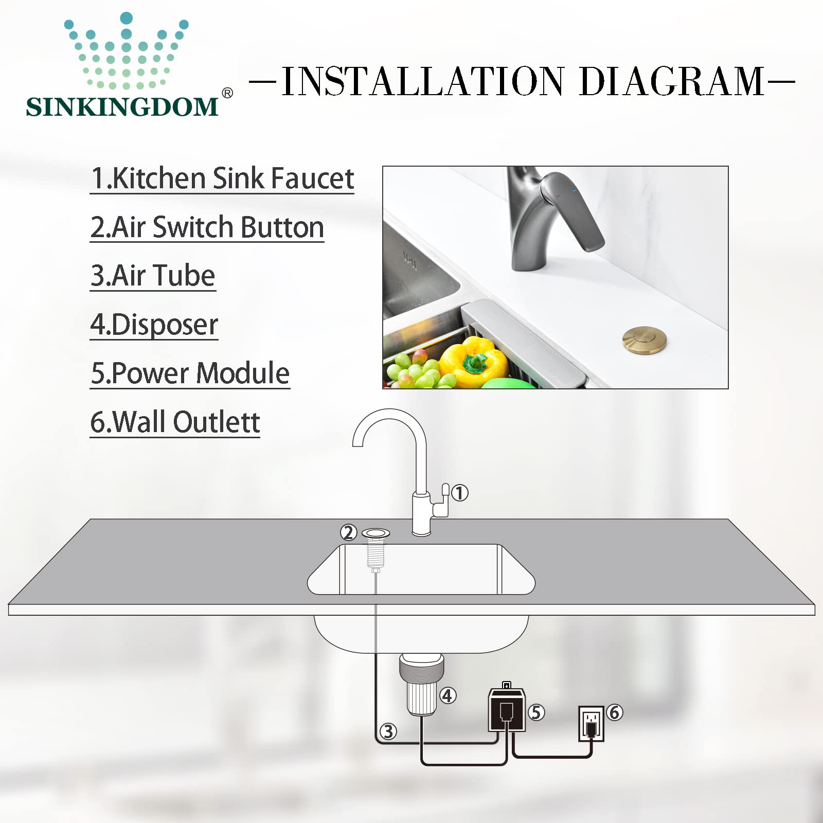 SINKINGDOM Garbage Disposal SinkTop Air Switch Kit with Long Button,Brass Made Cover,Champagne Bronze