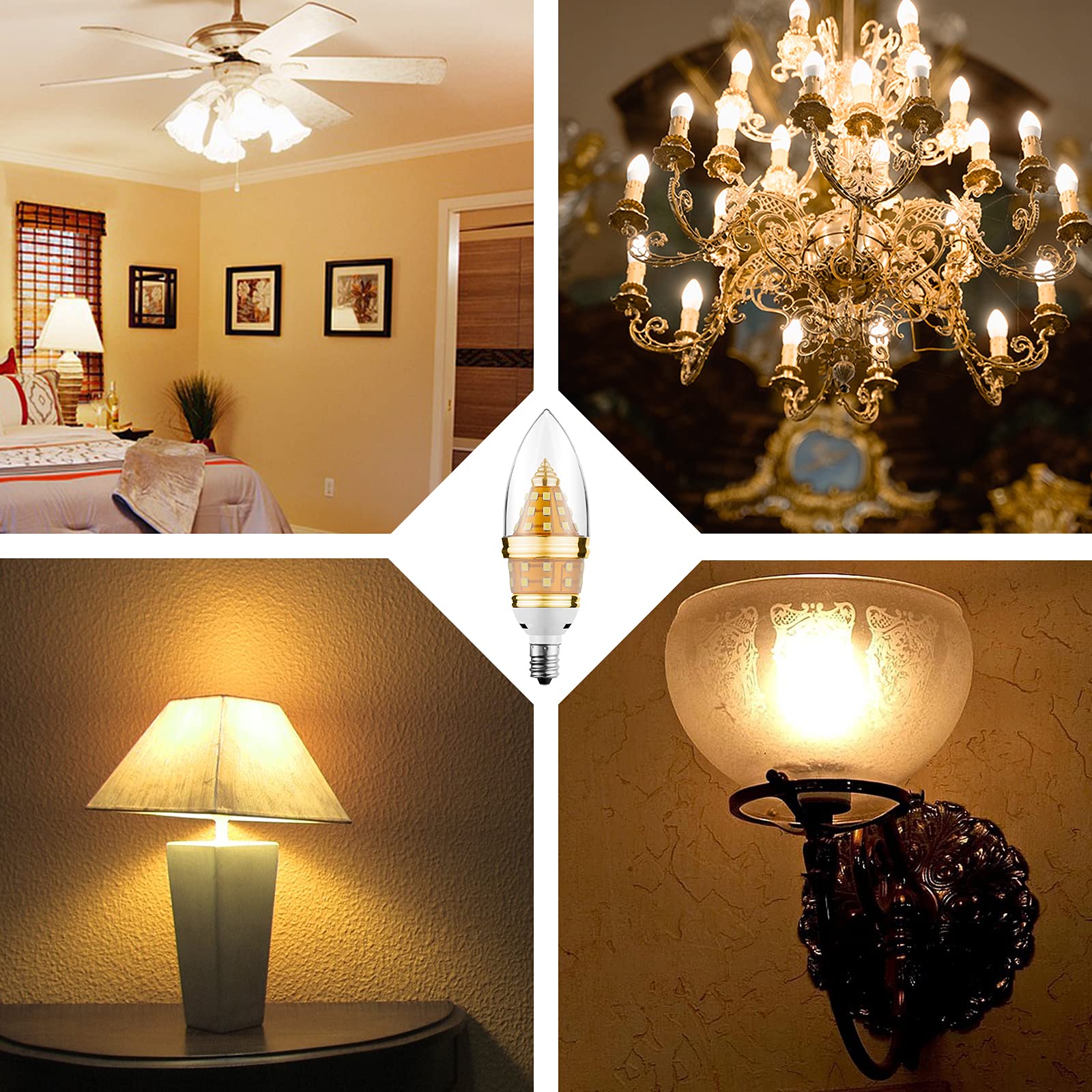 YBEK E12 LED Bulb Candelabra Bulb 12W Ceiling Fan Light Bulbs Chandelier Light 85-100W Incandescent Bulbs Equivalent 1200 Lumens Candle Bulbs, Warm White,Non-dimmable (3000K,4pcs)
