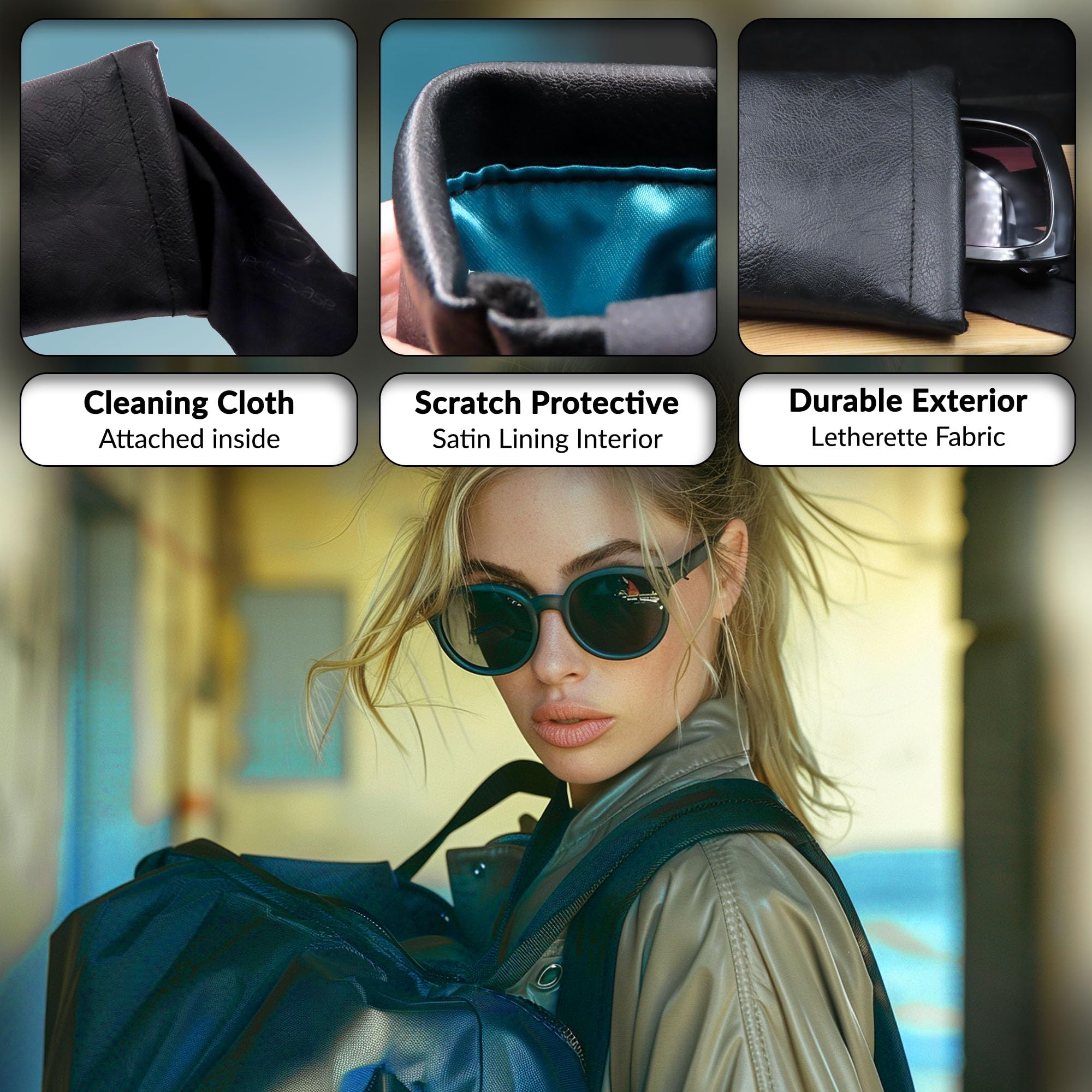 Soft Sunglasses Case Squeeze Top | XL Eyeglass case with Cleaning Cloth | Large soft Glasses Case Holder | Passport Holder Pouch | Earbud and cell Phone Storage Case (CT8 Black)