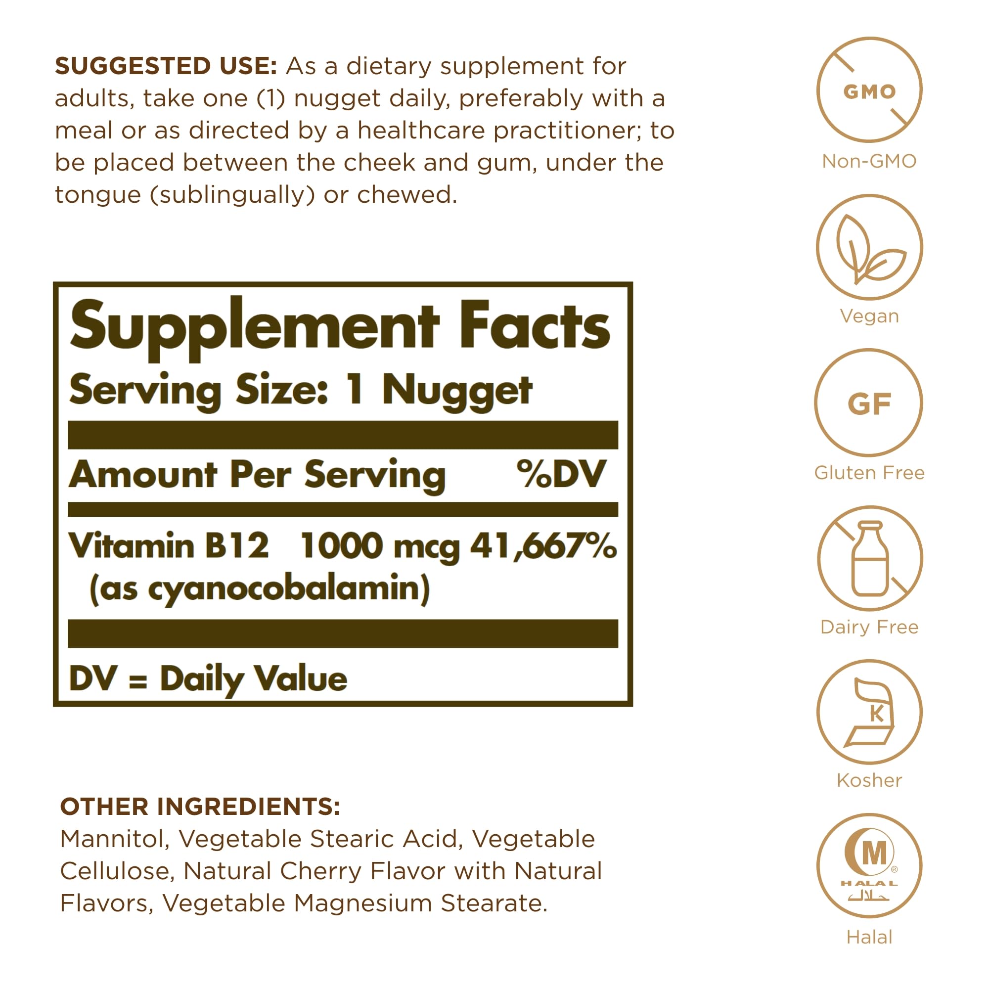 SOLGAR Sublingual Vitamin B12 1000 mcg - 250 Nuggets, Pack of 2 - Non-GMO, Vegan, Gluten Free, Dairy Free, Kosher, Halal - 500 Total Servings
