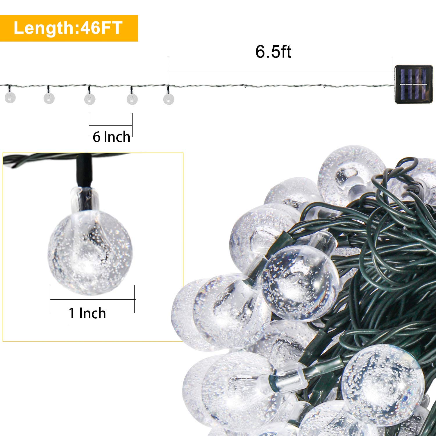 WERTIOO Solar String Lights 45ft 80 LEDs, Outdoor Solar Power Globe Lights Waterproof Crystal Ball Lighting for Patio, Lawn, Garden, Wedding, Party, Christmas Decorations (Warm White)