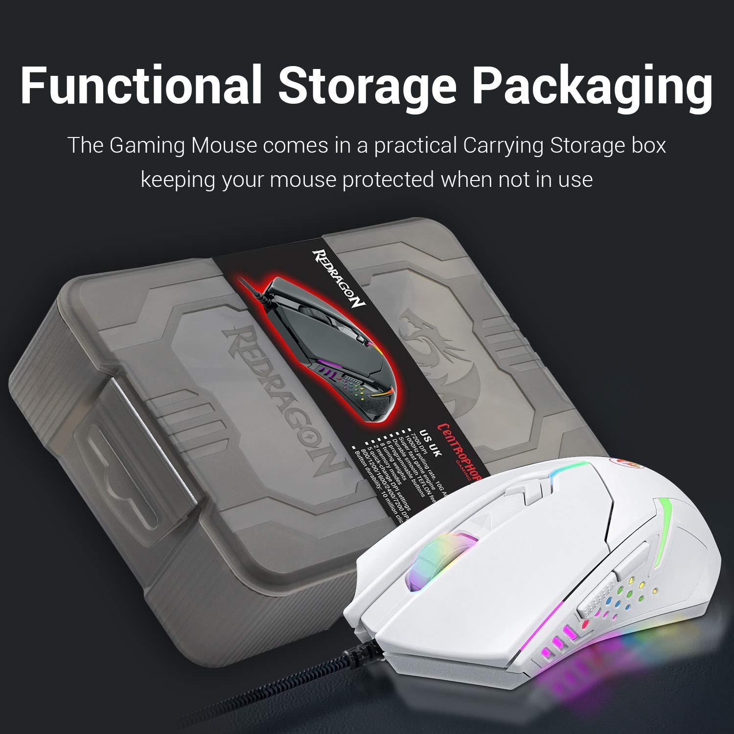 Redragon M601 RGB Gaming Mouse Backlit Wired Ergonomic 7 Button Programmable Mouse Centrophorus with Macro Recording & Weight Tuning Set 7200 DPI for Windows PC (White)