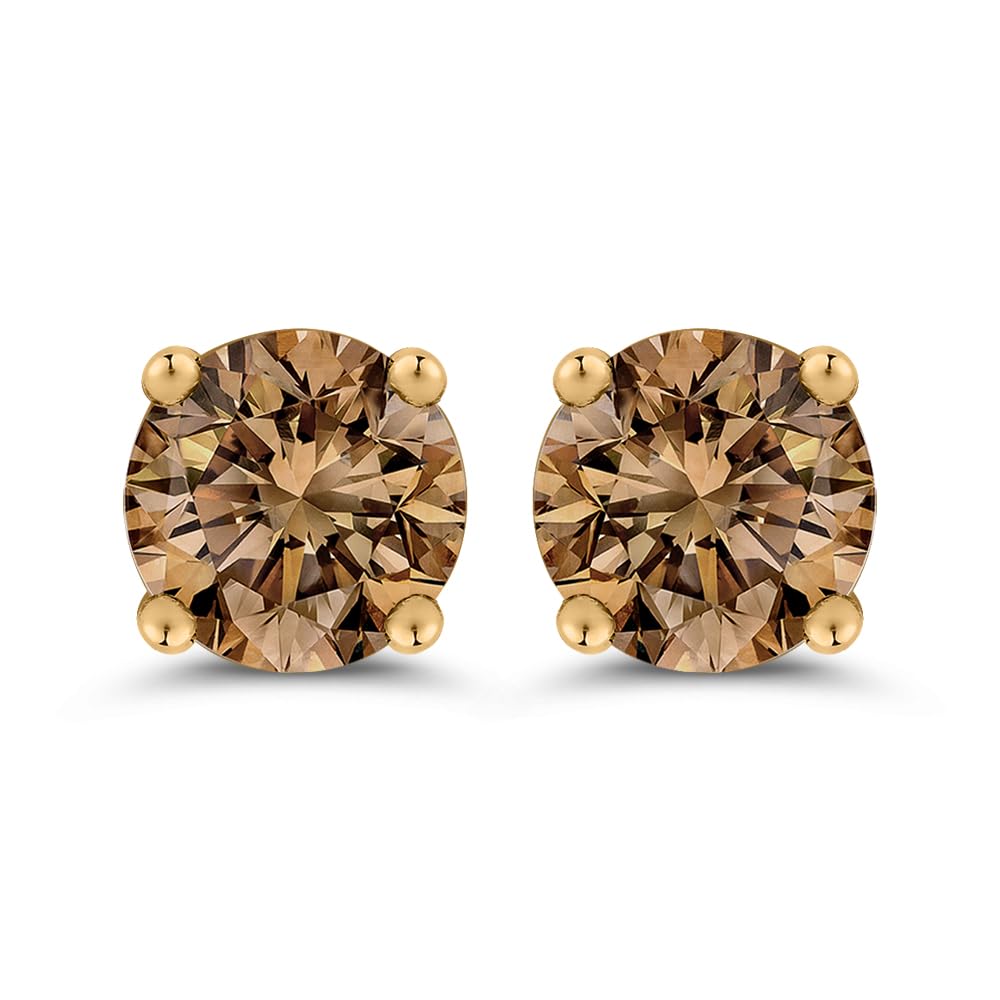 Round Brilliant Cut Brown Diamond Earring Studs in 14K Yellow Gold (1/2 cttw)