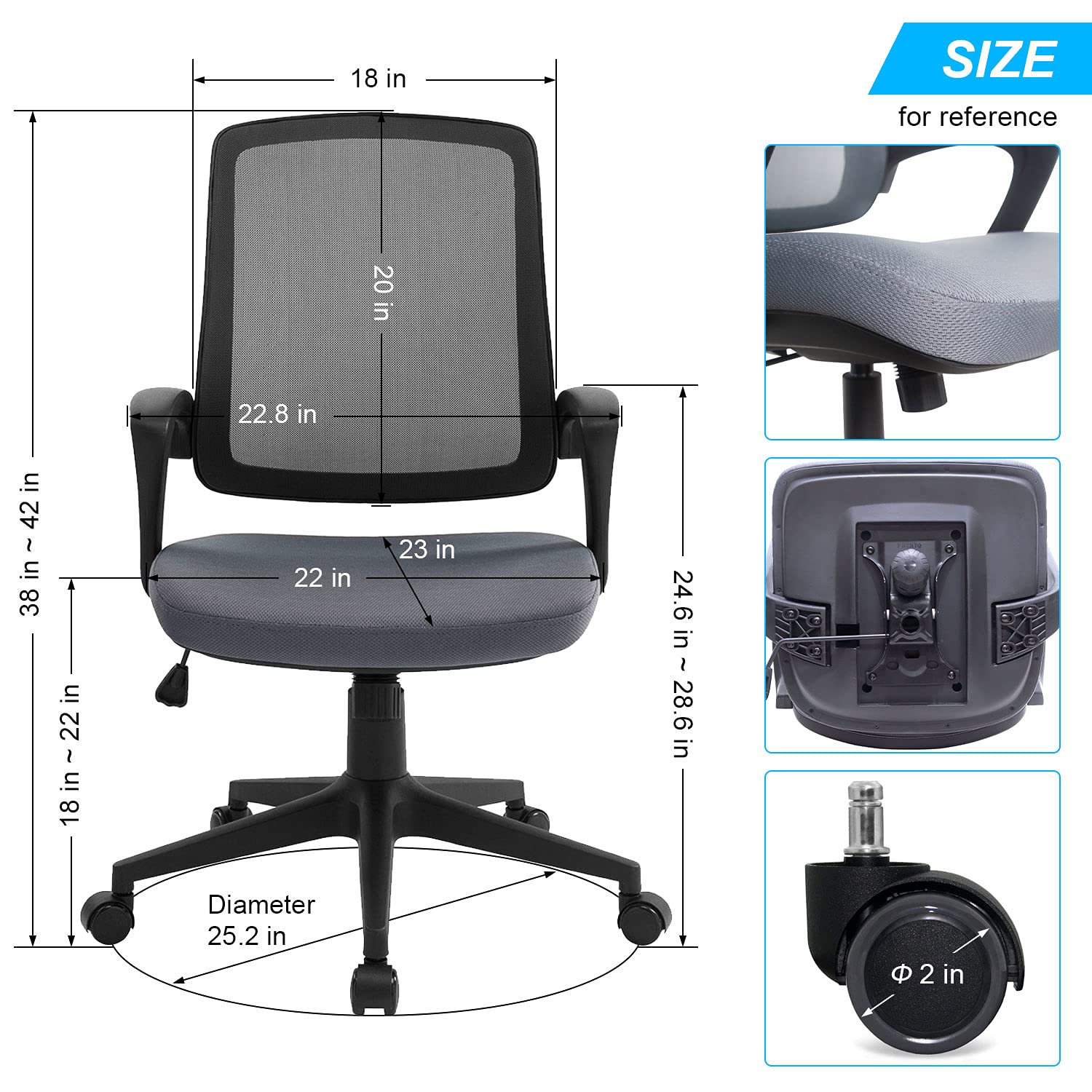 QY Home Office Chair Ergonomic Desk Chairs with Wheels & Arms, Swivel Task Mesh Chair for Small Space, Gray